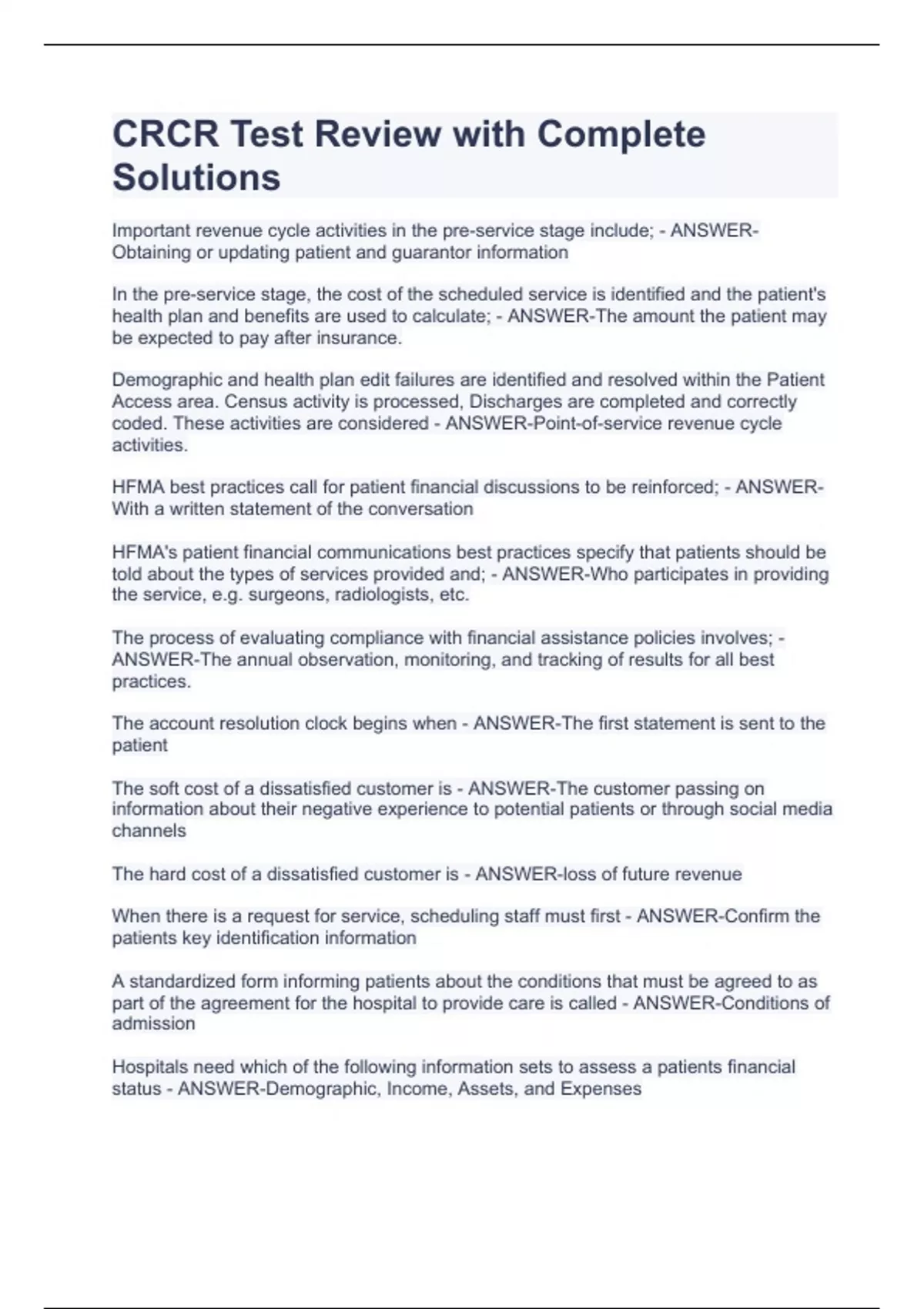 CRCR Test Review with Complete Solutions - CRCR - Stuvia US