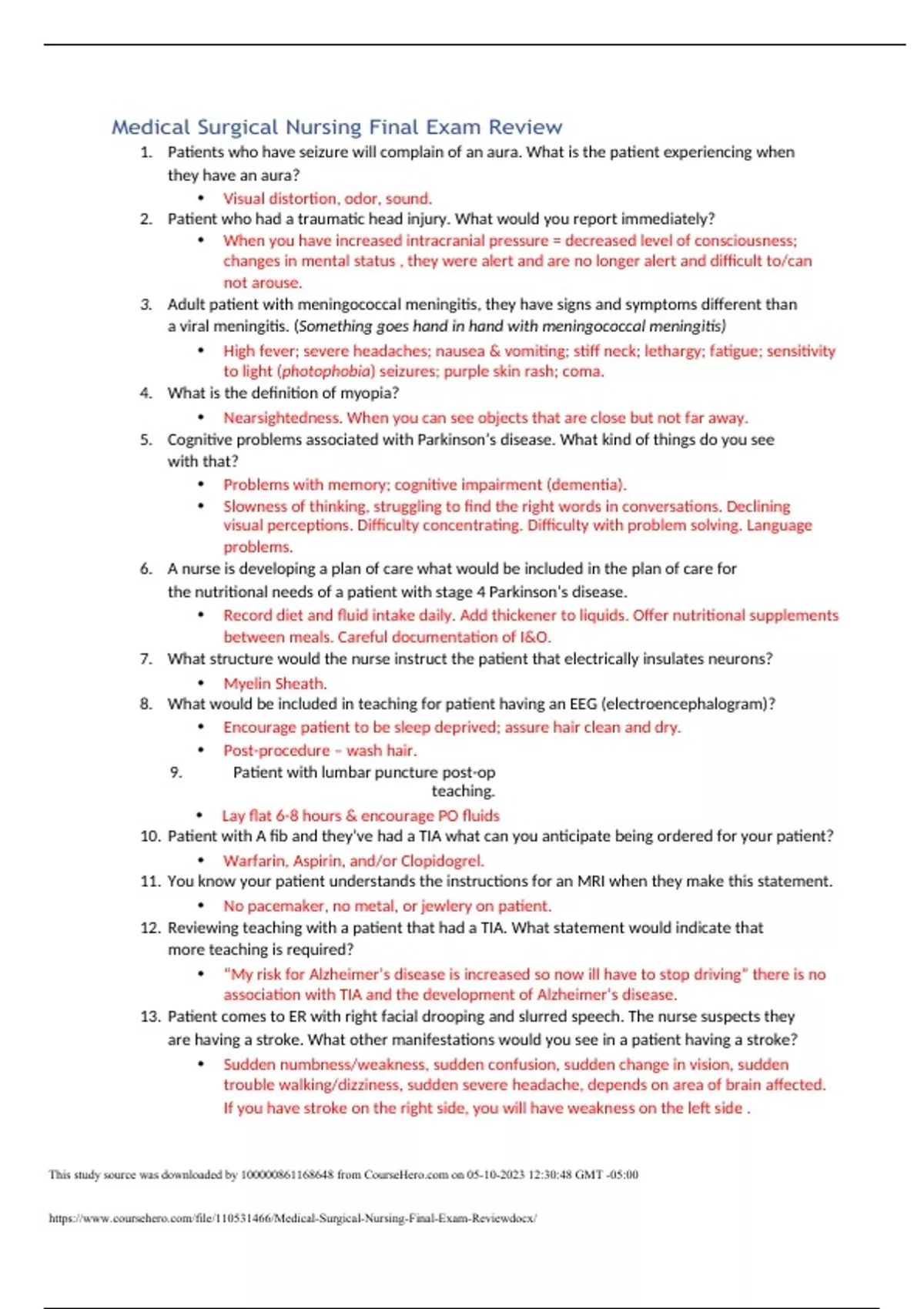 Medical Surgical Nursing Final Exam Review - Medical Surgical Nursing ...