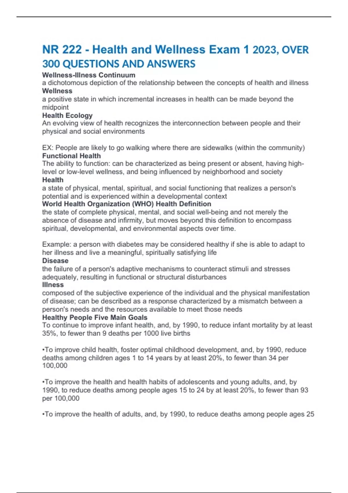 NR 222 - Health and Wellness Exam 1 2023, OVER 300 QUESTIONS AND ...