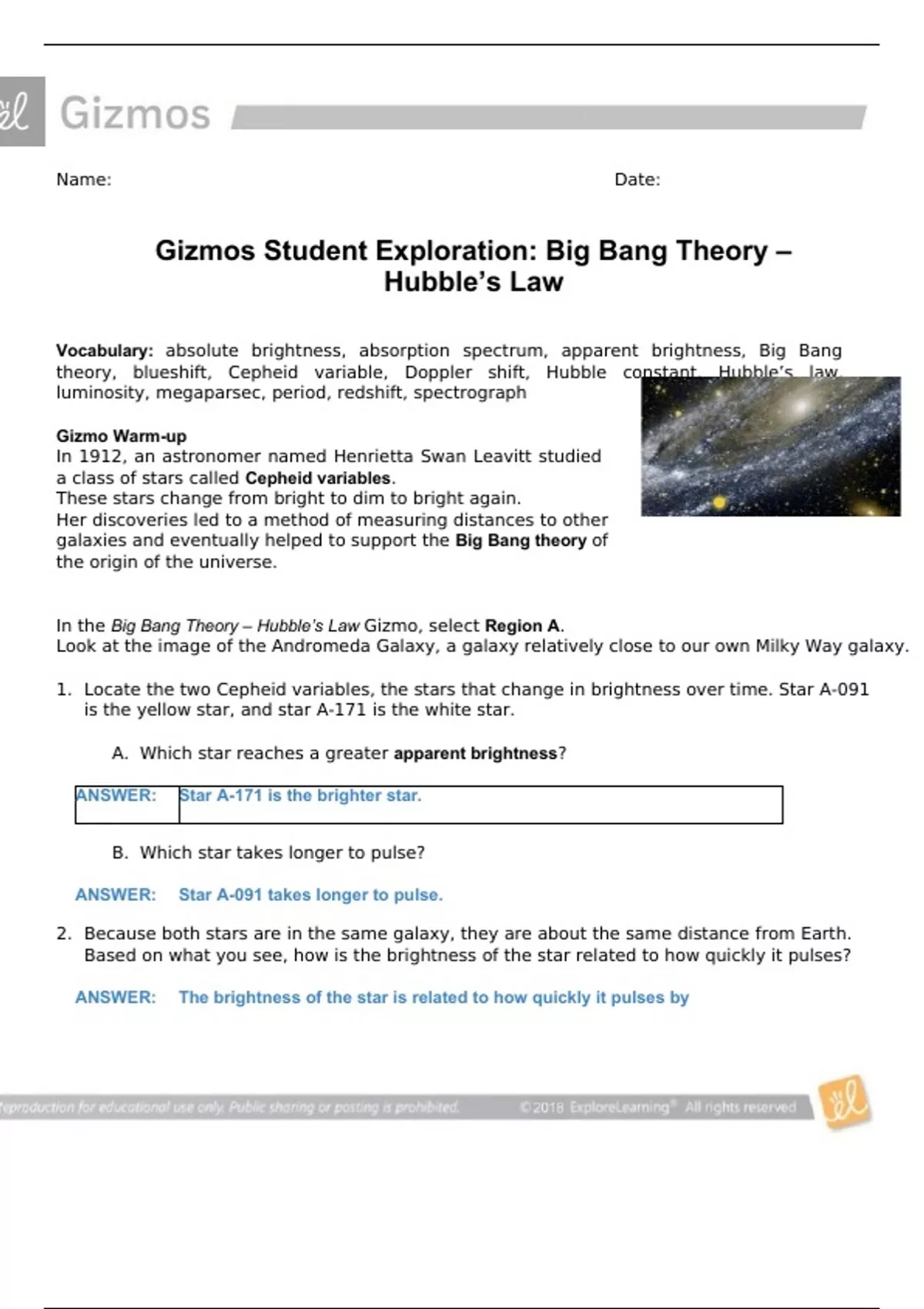 Gizmos Student Exploration: Big Bang Theory – Hubble’s Law - Science ...