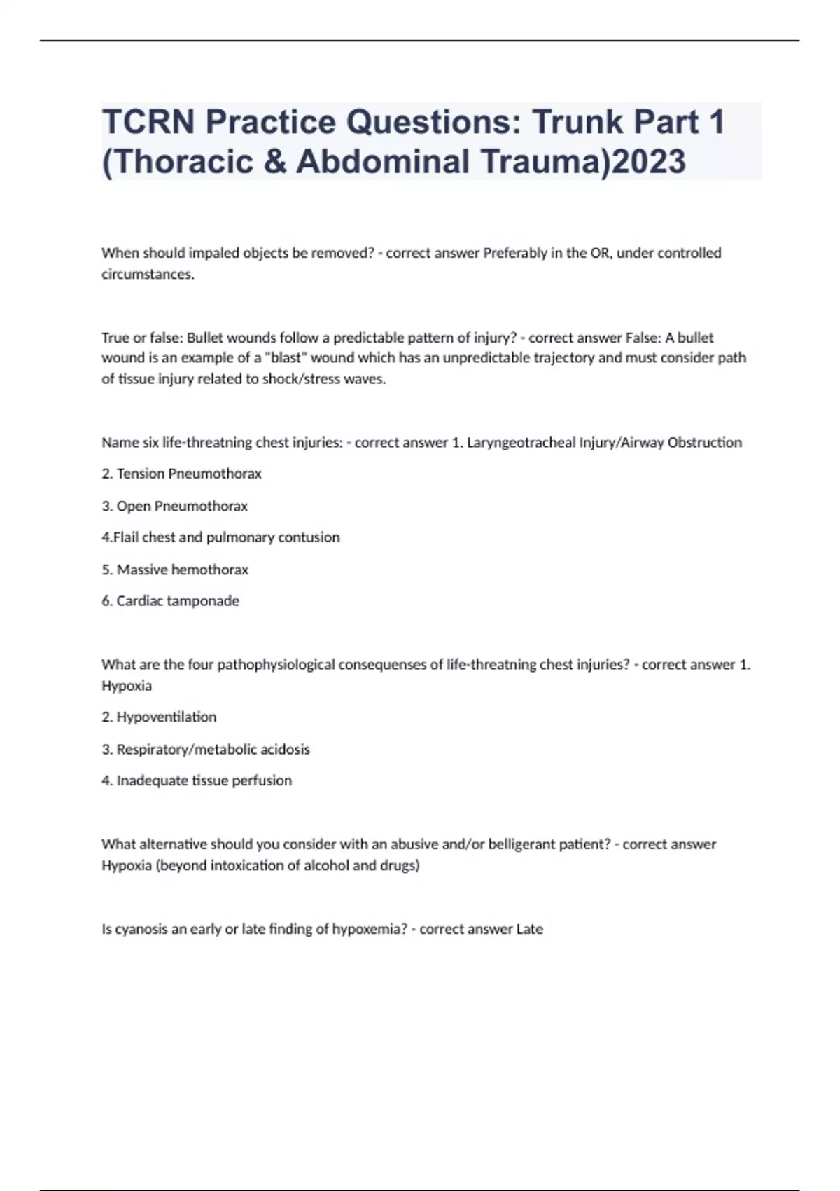 TCRN Practice Questions: Trunk Part 1 (Thoracic & Abdominal Trauma)2023 ...