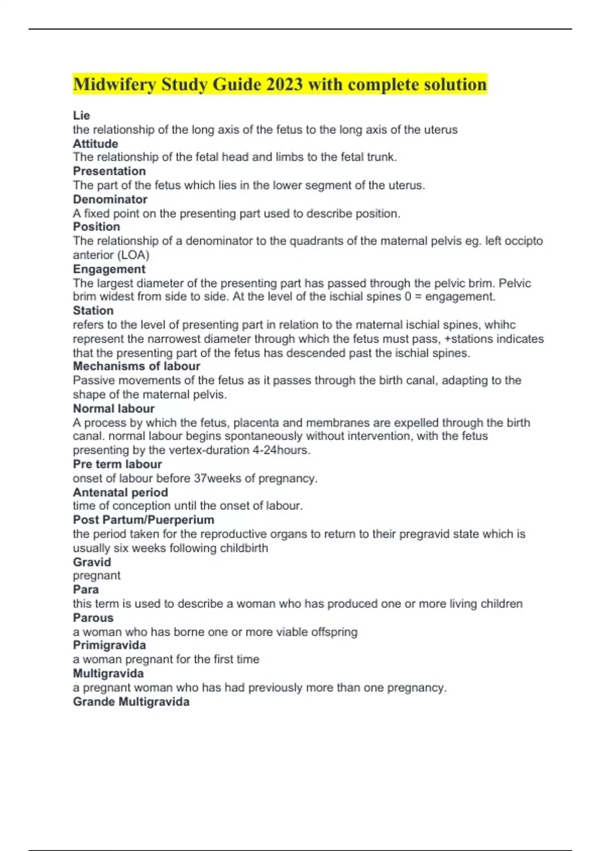 Midwifery Study Guide 2023 with complete solution - Midwifery - Stuvia US