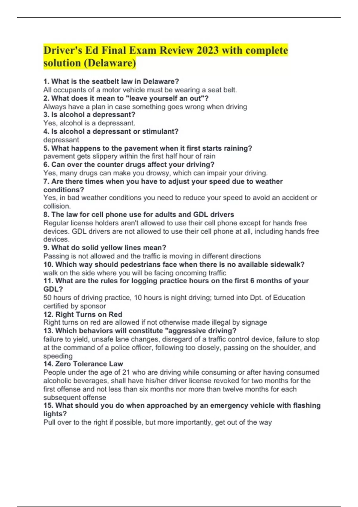 Driver's Ed Final Exam Review 2023 with complete solution (Delaware ...