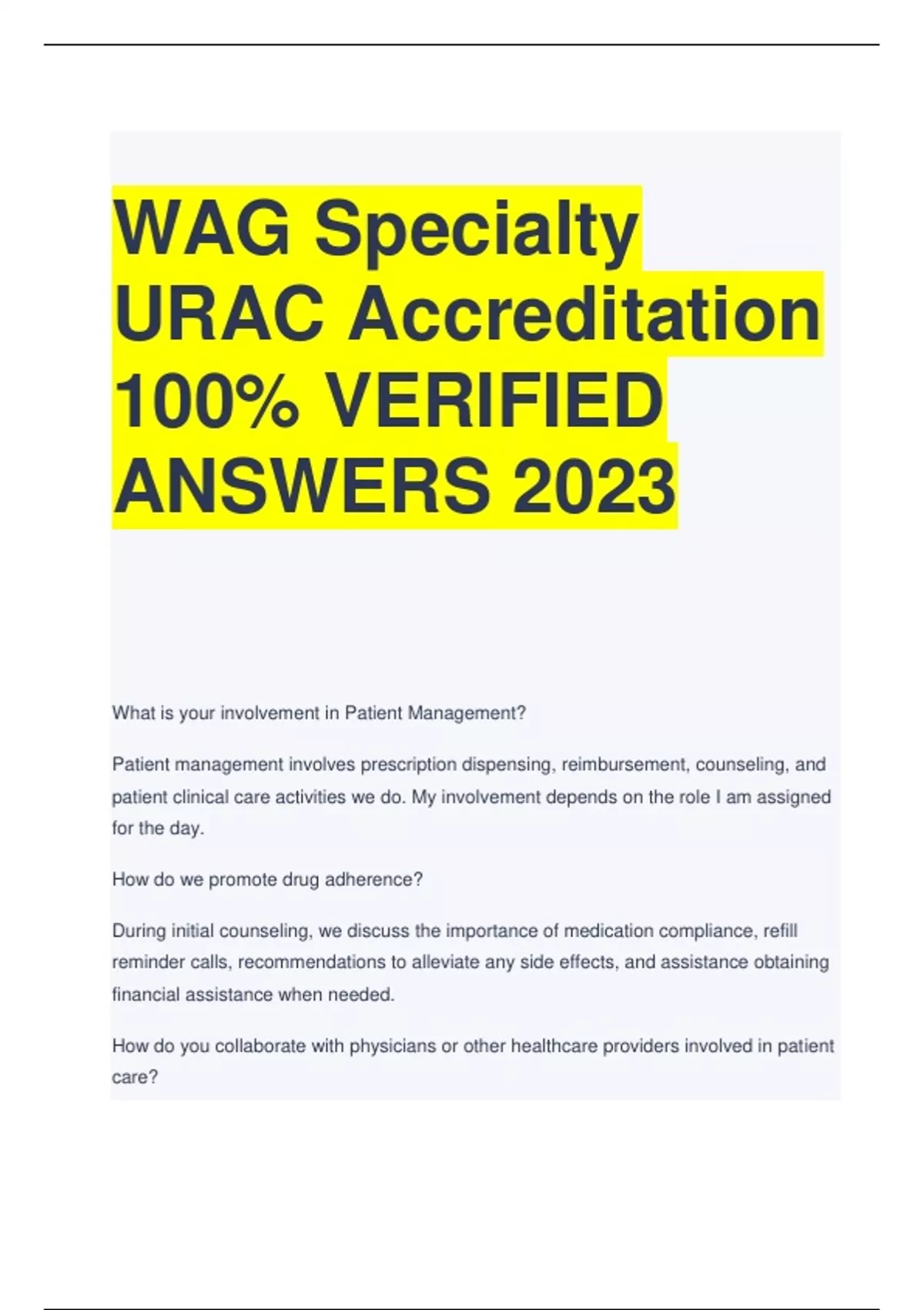 WAG Specialty URAC Accreditation 100% VERIFIED ANSWERS 2023 - WAG ...