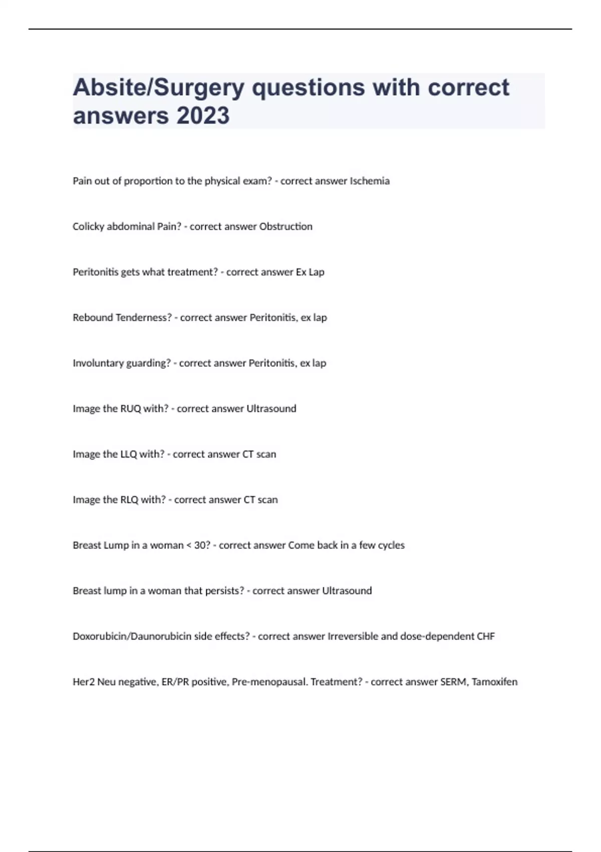 Absite/Surgery questions with correct answers 2023 - Absite - Stuvia US
