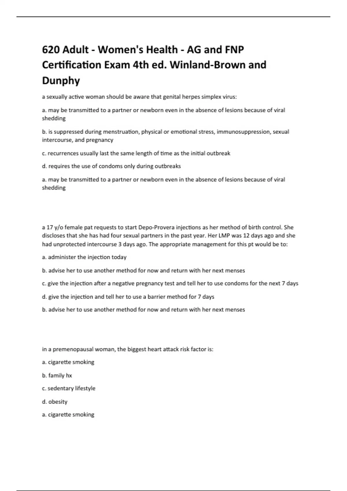 620 Adult - Women's Health - AG and FNP Certification Exam 4th ed ...