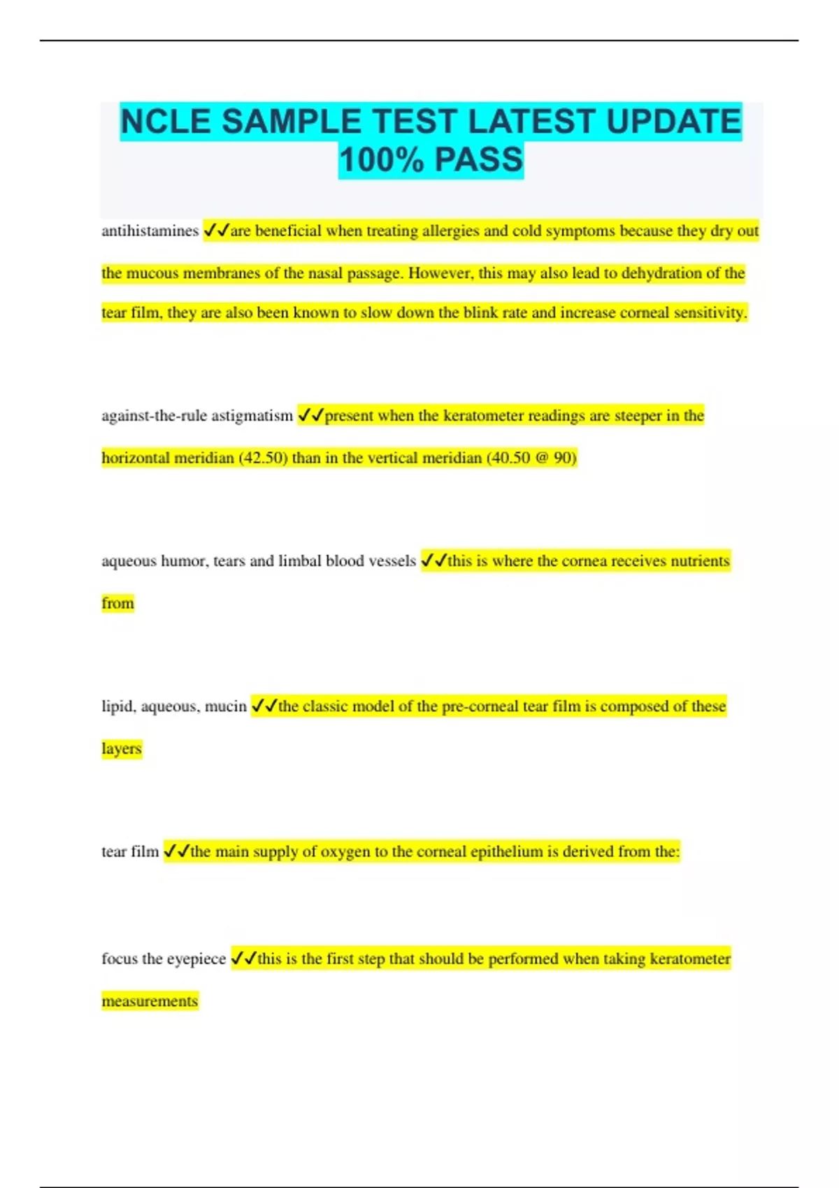 NCLE SAMPLE TEST LATEST UPDATE 100% PASS - NCLE - Stuvia US