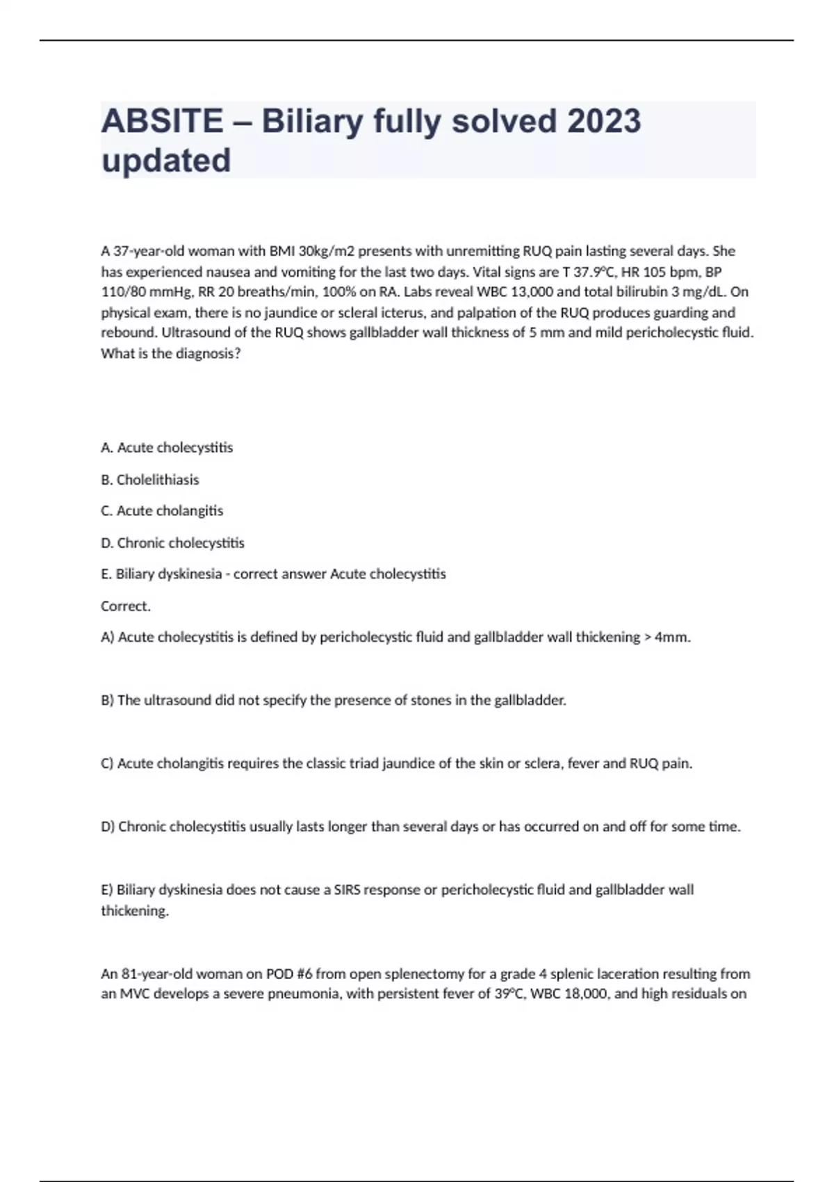 ABSITE – Biliary fully solved 2023 updated - ABSITE - Stuvia US