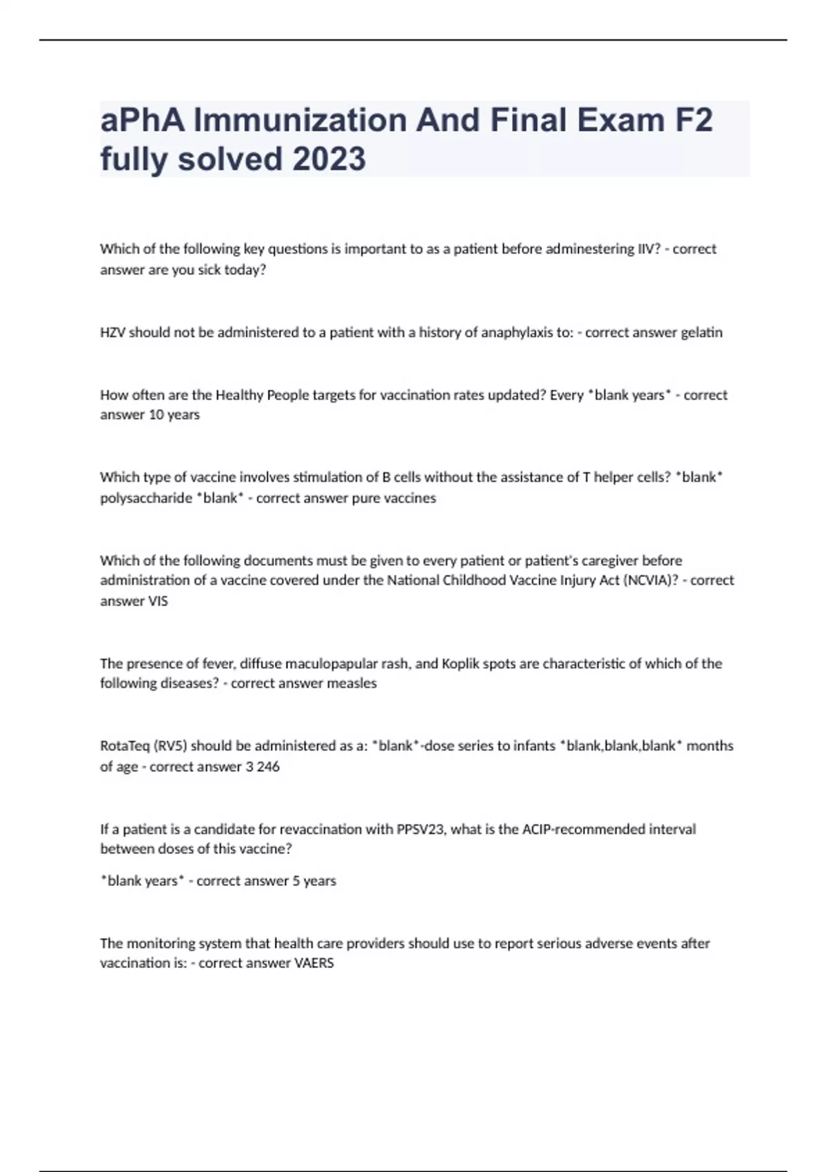 aPhA Immunization And Final Exam F2 fully solved 2023 - APhA - Stuvia US