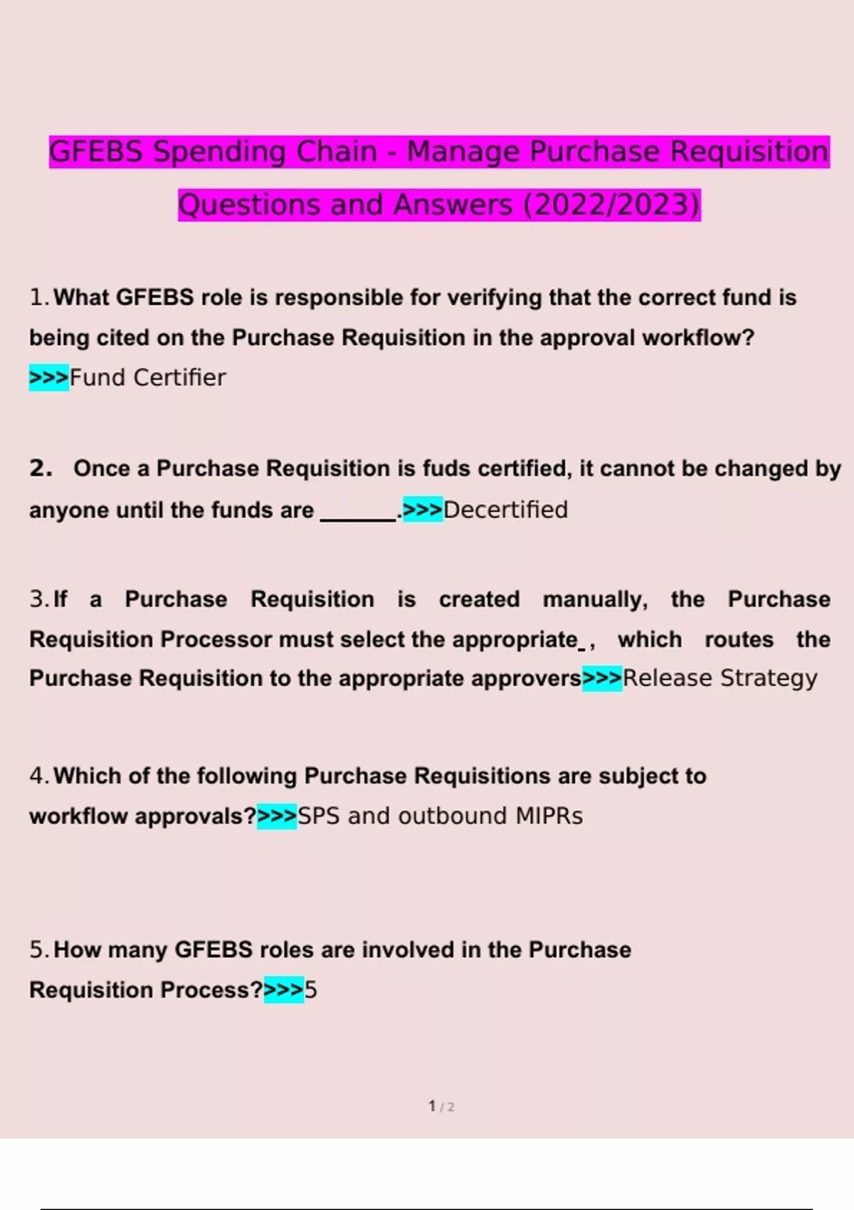 GFEBS Spending Chain - Manage Purchase Requisition.docx Questions and ...