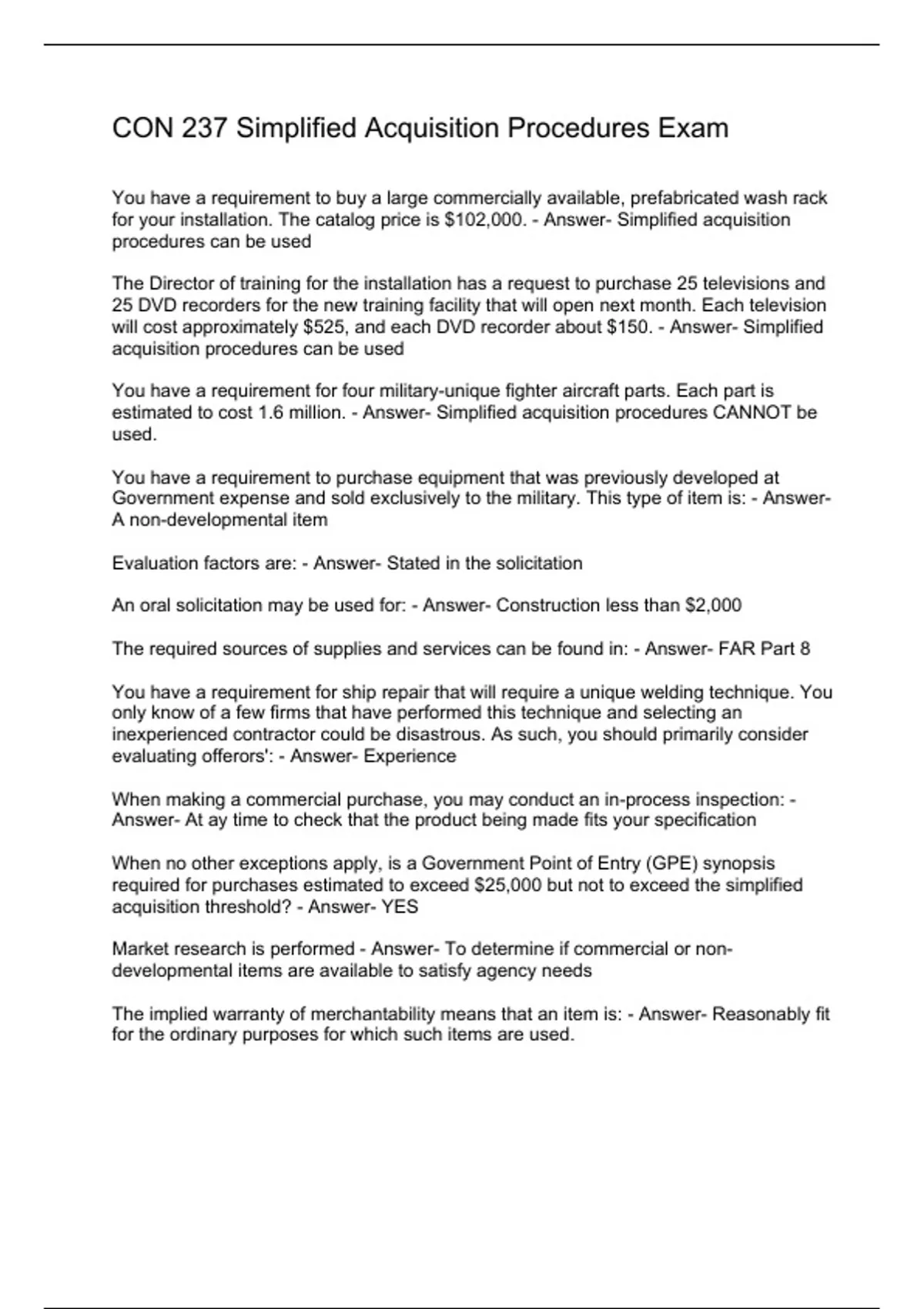 CON 237 Simplified Acquisition Procedures Exam - CON 237 - Stuvia US