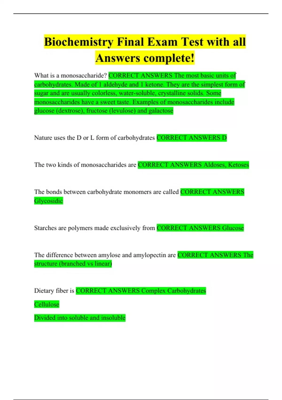 Biochemistry Final Exam Test with all Answers complete! - Biochemistry ...