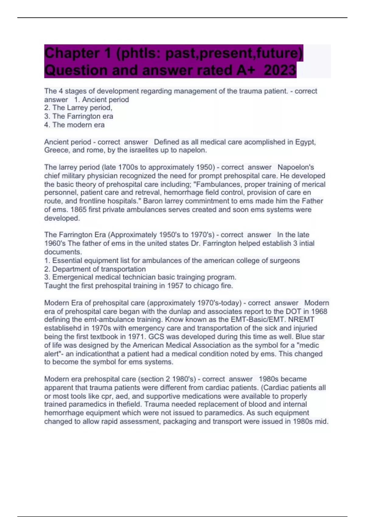 Chapter 1 (phtls: past,present,future) Question and answer rated A+ ...