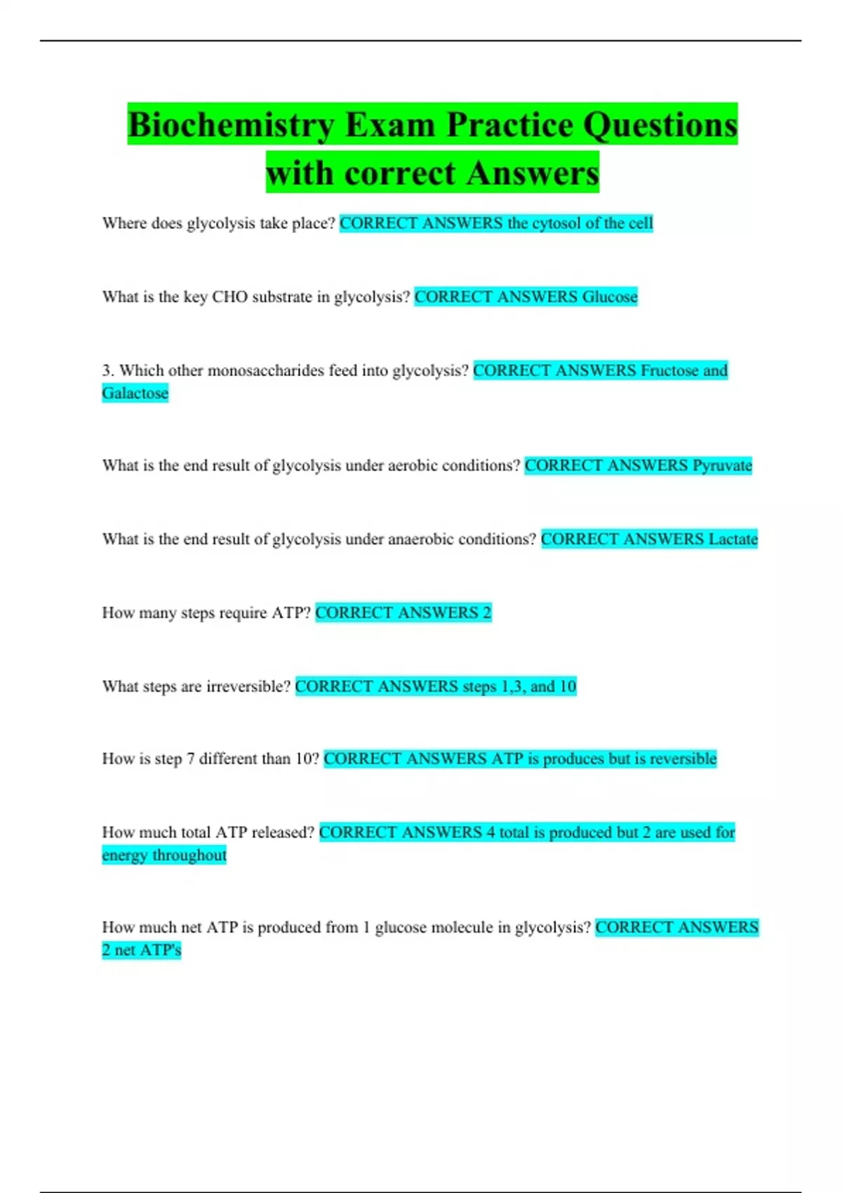 Biochemistry Exam Practice Questions With Correct Answers Biochemistry Stuvia Us