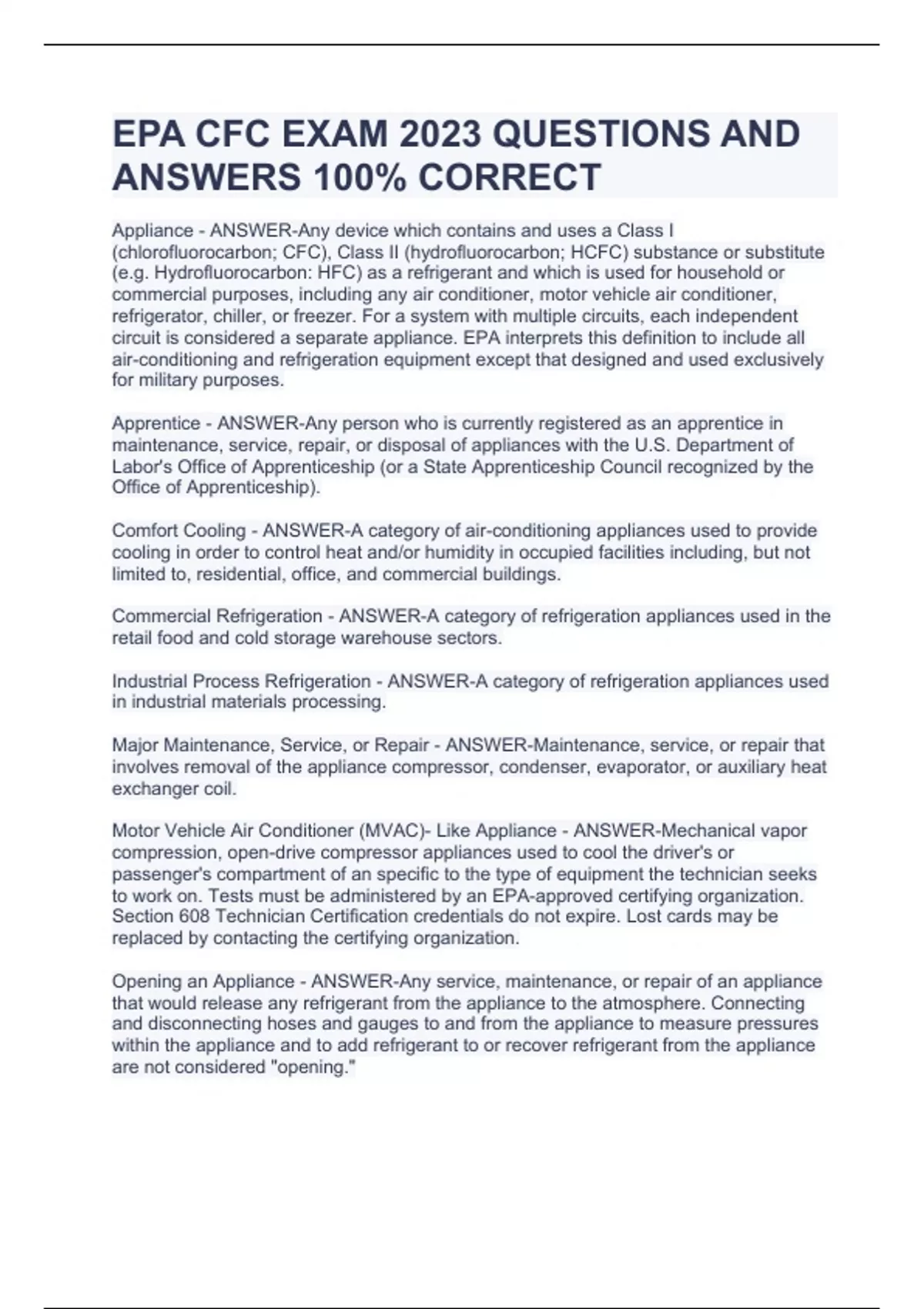 EPA CFC EXAM 2023 QUESTIONS AND ANSWERS 100% CORRECT - EPA CFC - Stuvia US