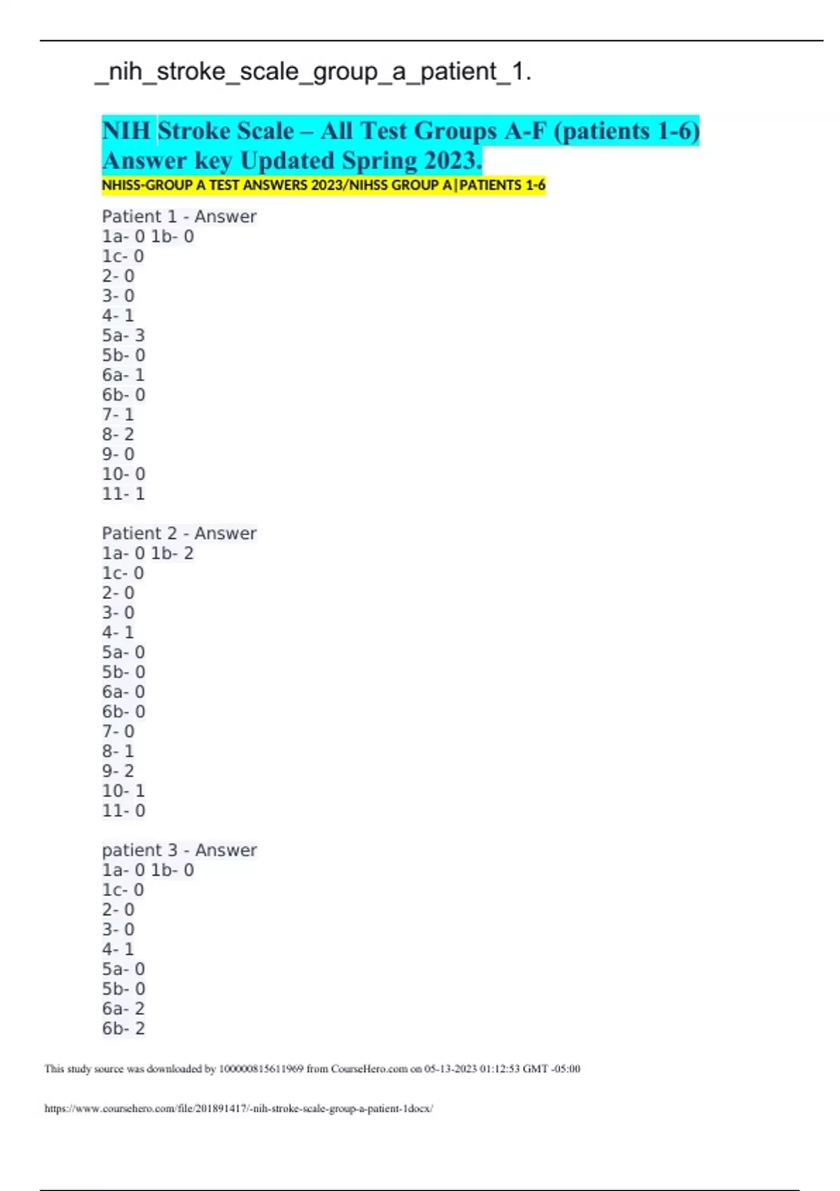 NIH Stroke Scale – All Test Groups A-F (patients 1-6) Answer key ...