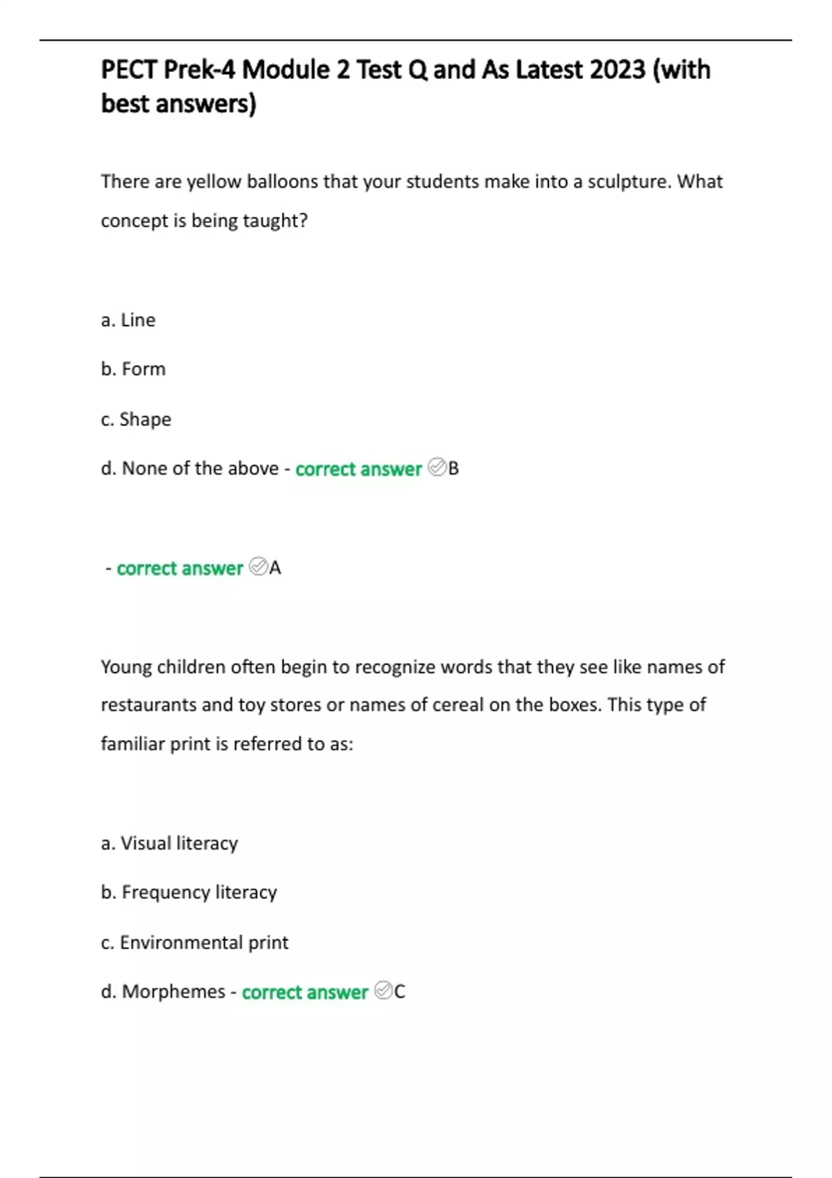 PECT Prek-4 Module 2 Test Q and As Latest 2023 (with best answers ...