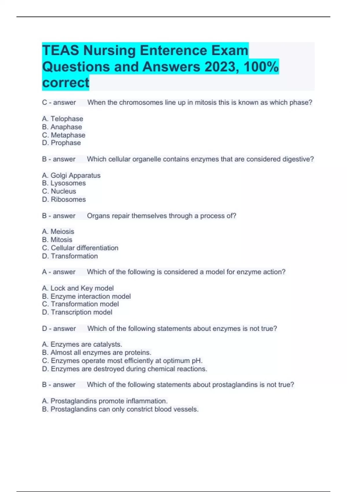 TEAS Nursing Enterence Exam Questions and Answers 2023, 100% correct ...