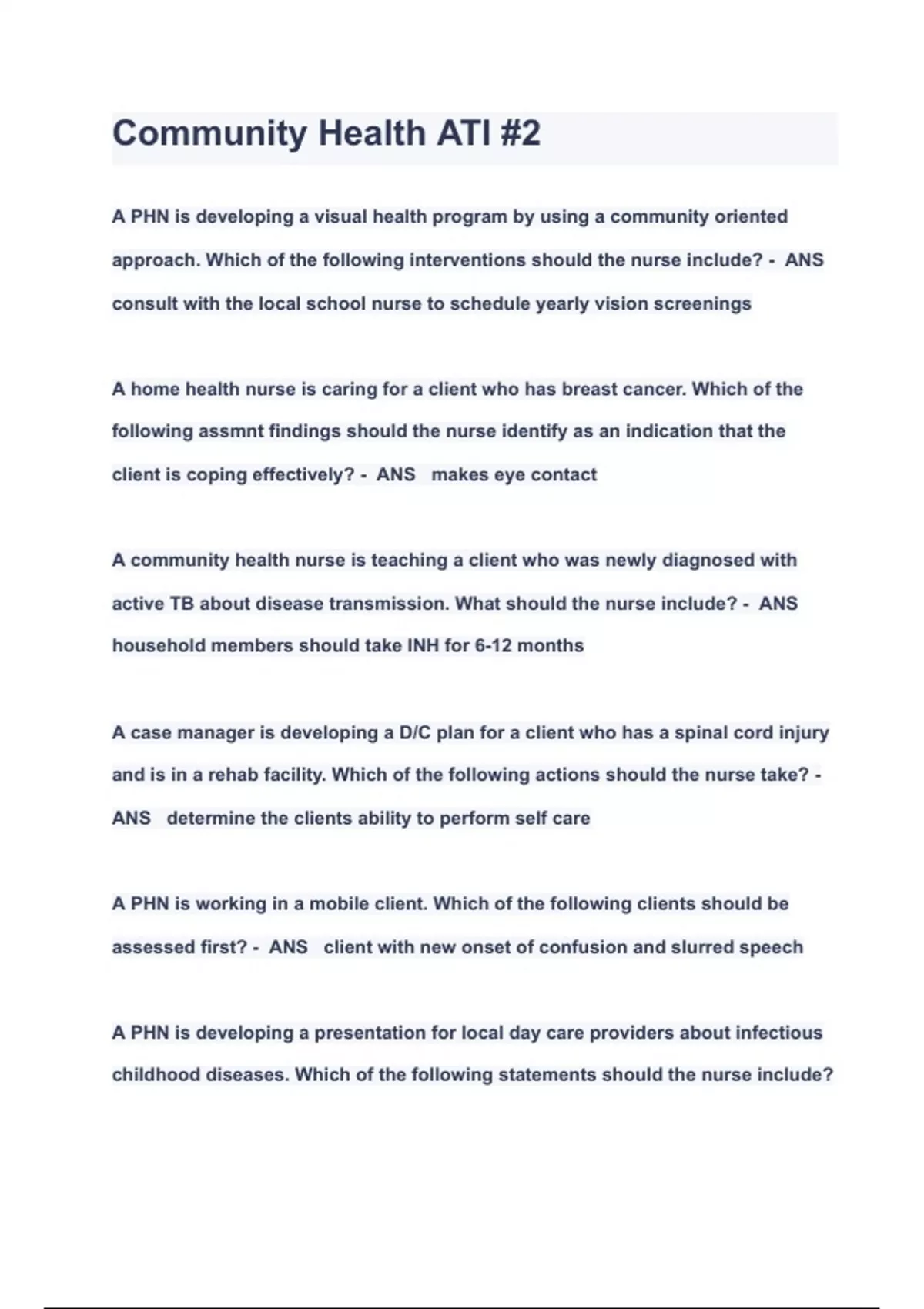 Community Health ATI #2 QUESTIONS & ANSWERS 2023 ( A+ GRADED 100% ...