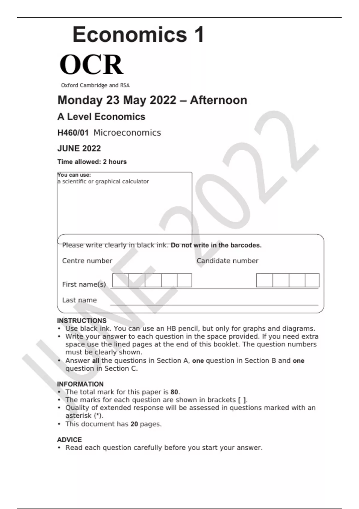 OCR A LEVEL ECONOMICS PAPER 1 AND 2 JUNE 2022 FINAL QUESTION PAPER AND ...