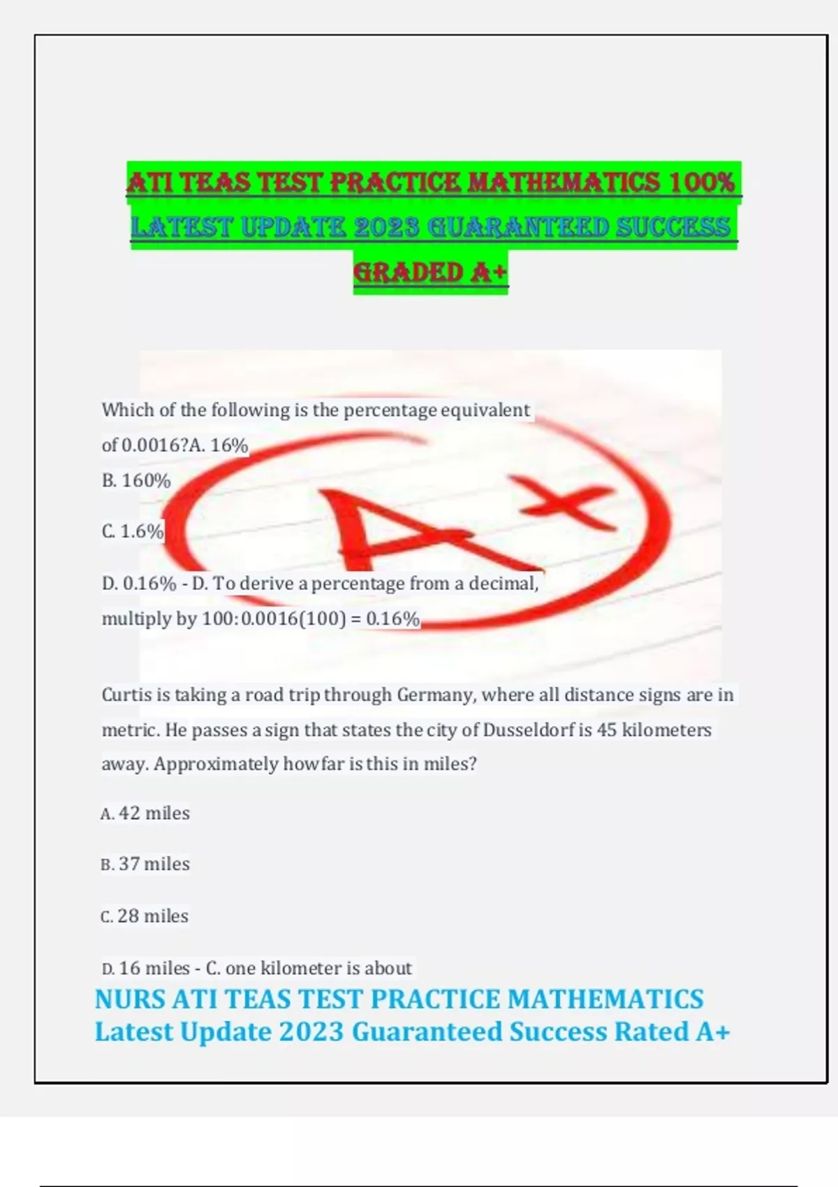 ATI TEAS TEST PRACTICE MATHEMATICS 100% LATEST UPDATE 2023 GUARANTEED ...