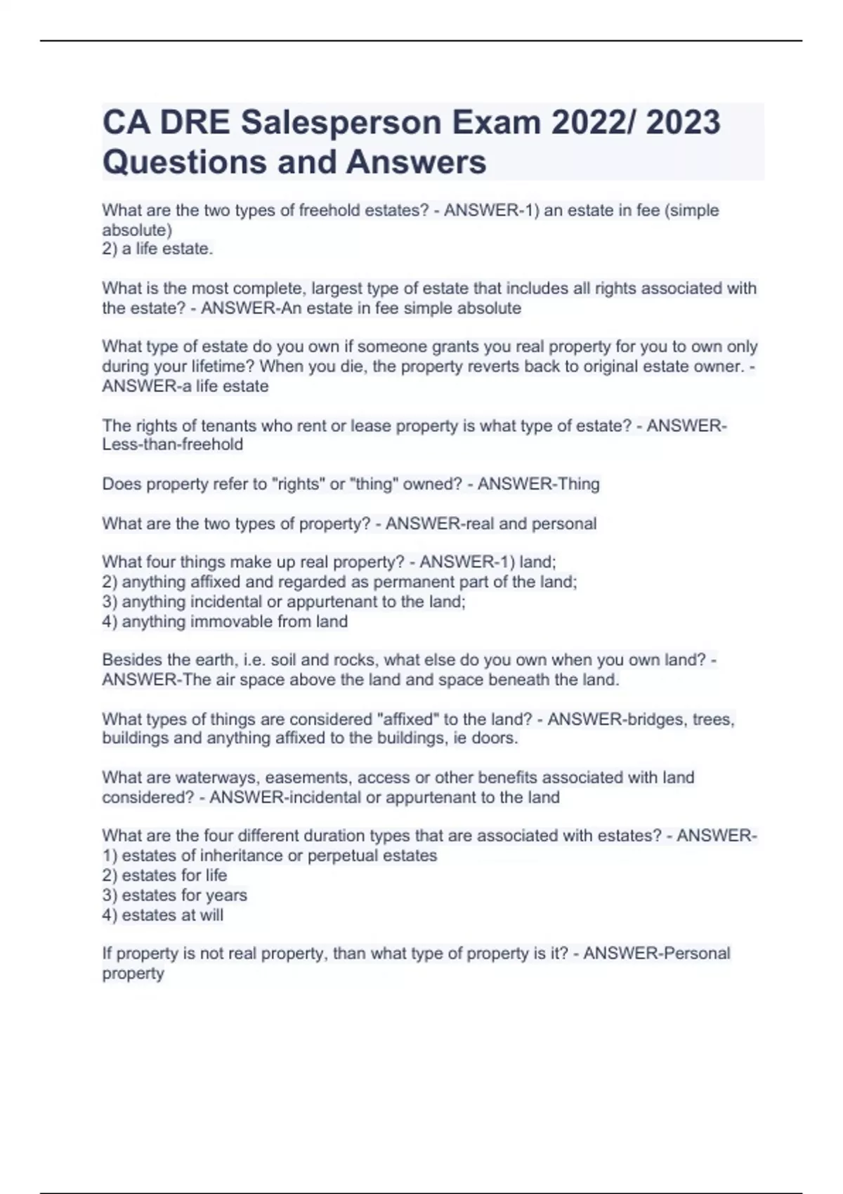 CA DRE Salesperson Exam 2022/ 2023 Questions and Answers - CA DRE ...