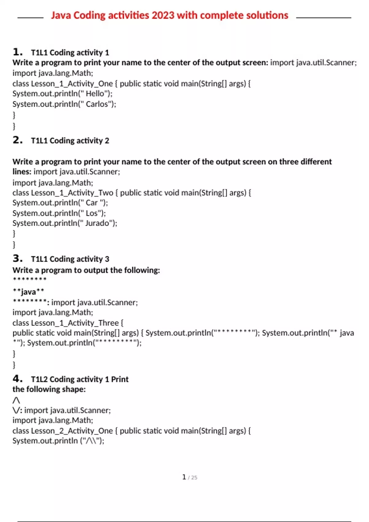 Java Coding activities 2023 with complete solutions - Java - Stuvia US