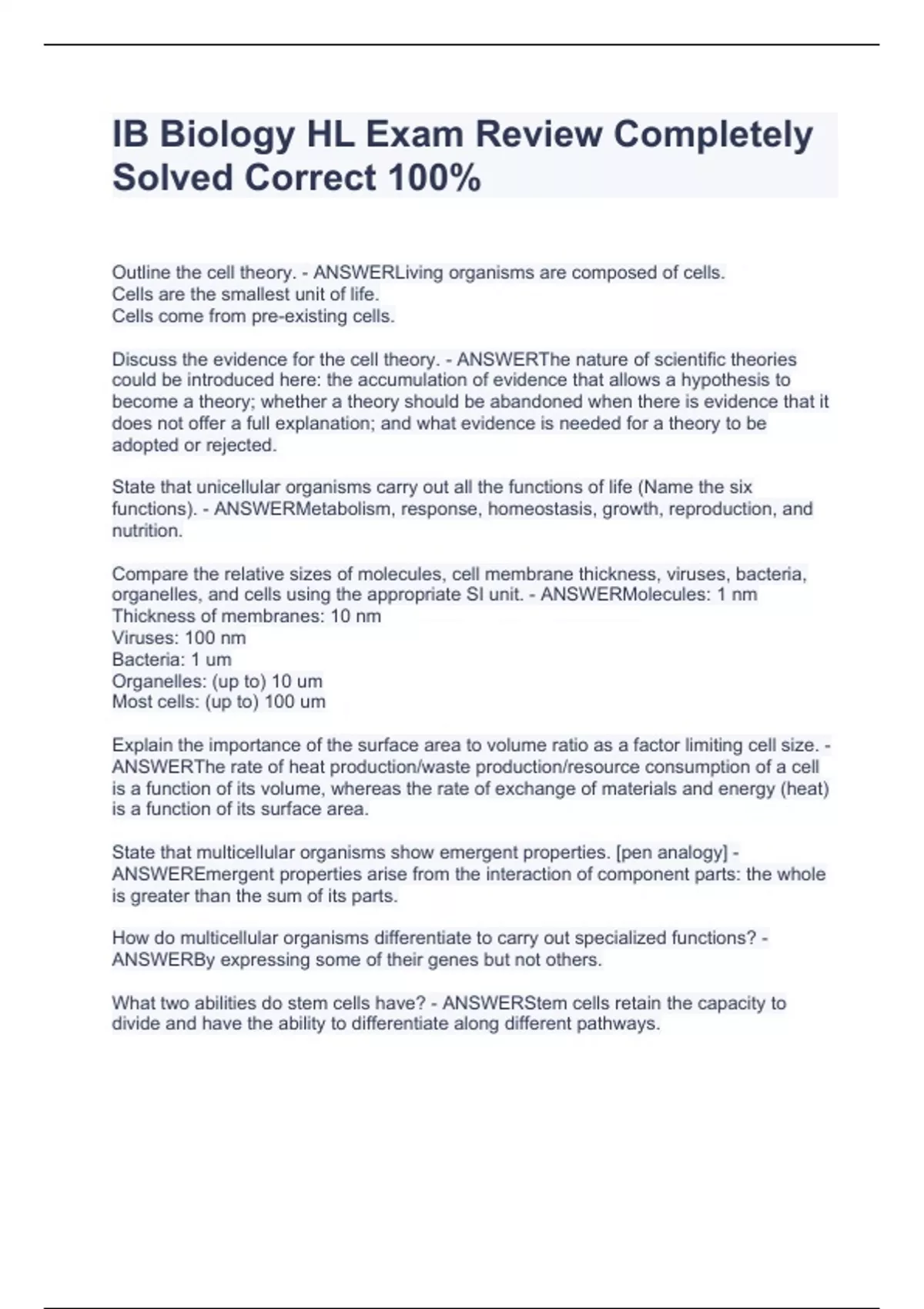 IB Biology HL Exam Review Completely Solved Correct 100% - IB Biology HL - Stuvia US