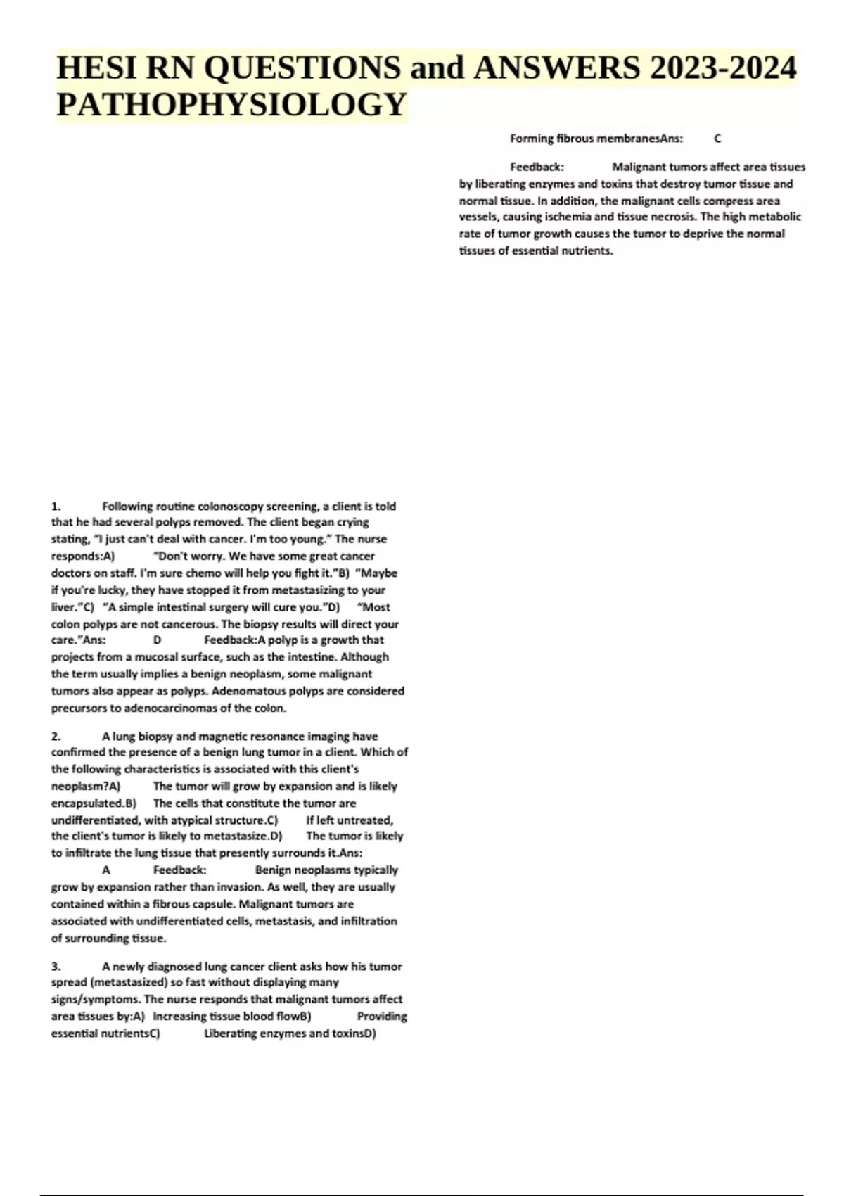 HESI RN QUESTIONS and ANSWERS PATHOPHYSIOLOGY. - HESI RN ...