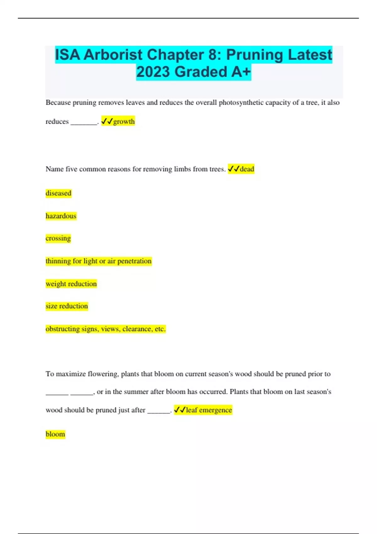 ISA Arborist Chapter 8: Pruning Latest 2023 Graded A+ - ISA Arborist ...