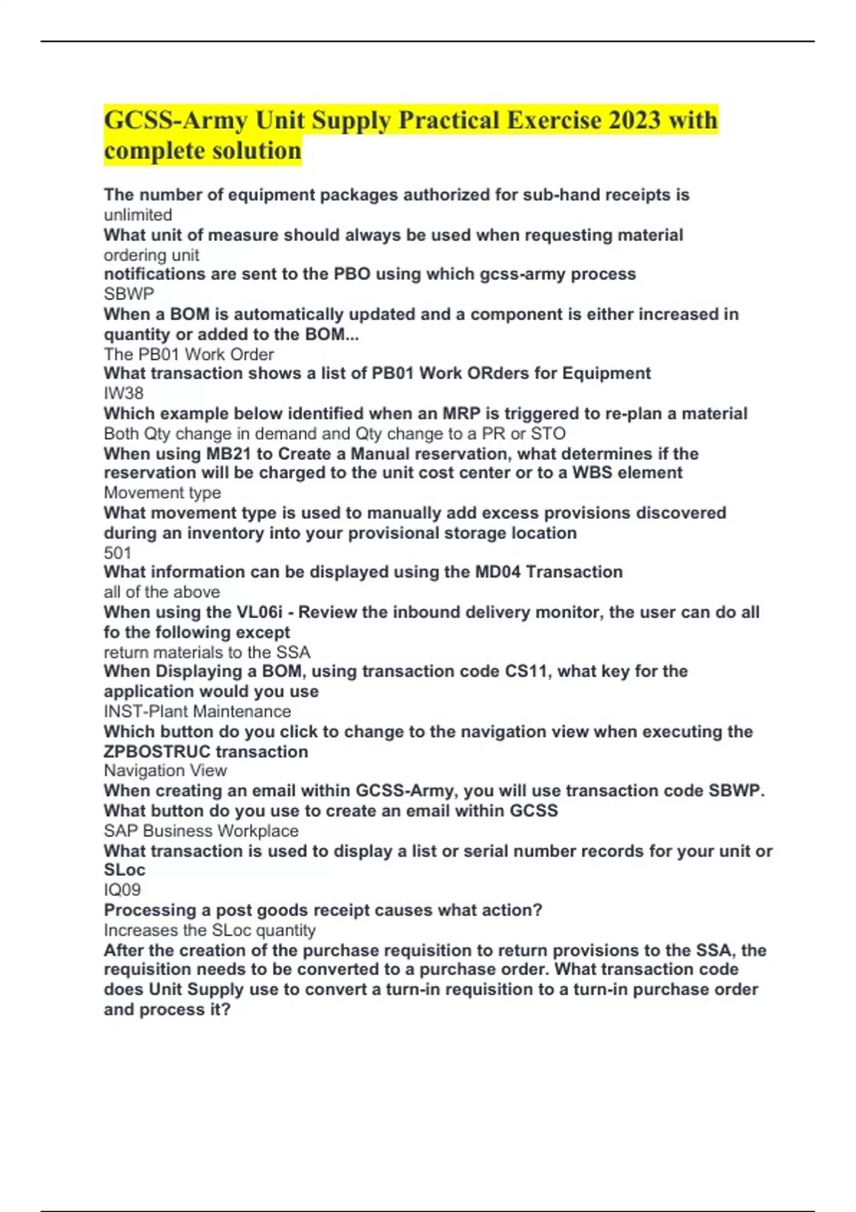 Gcss Army Unit Supply Practical Exercise 2023 With Complete Solution Gcss Army Unit Supply