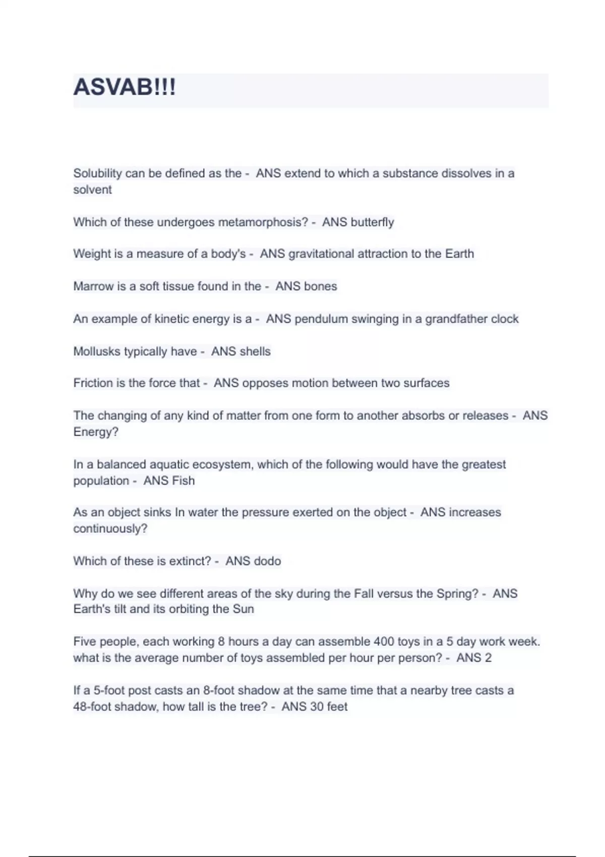 ASVAB!!! Questions & Answers 2023 ( A+ GRADED 100% VERIFIED) - Asvab ...