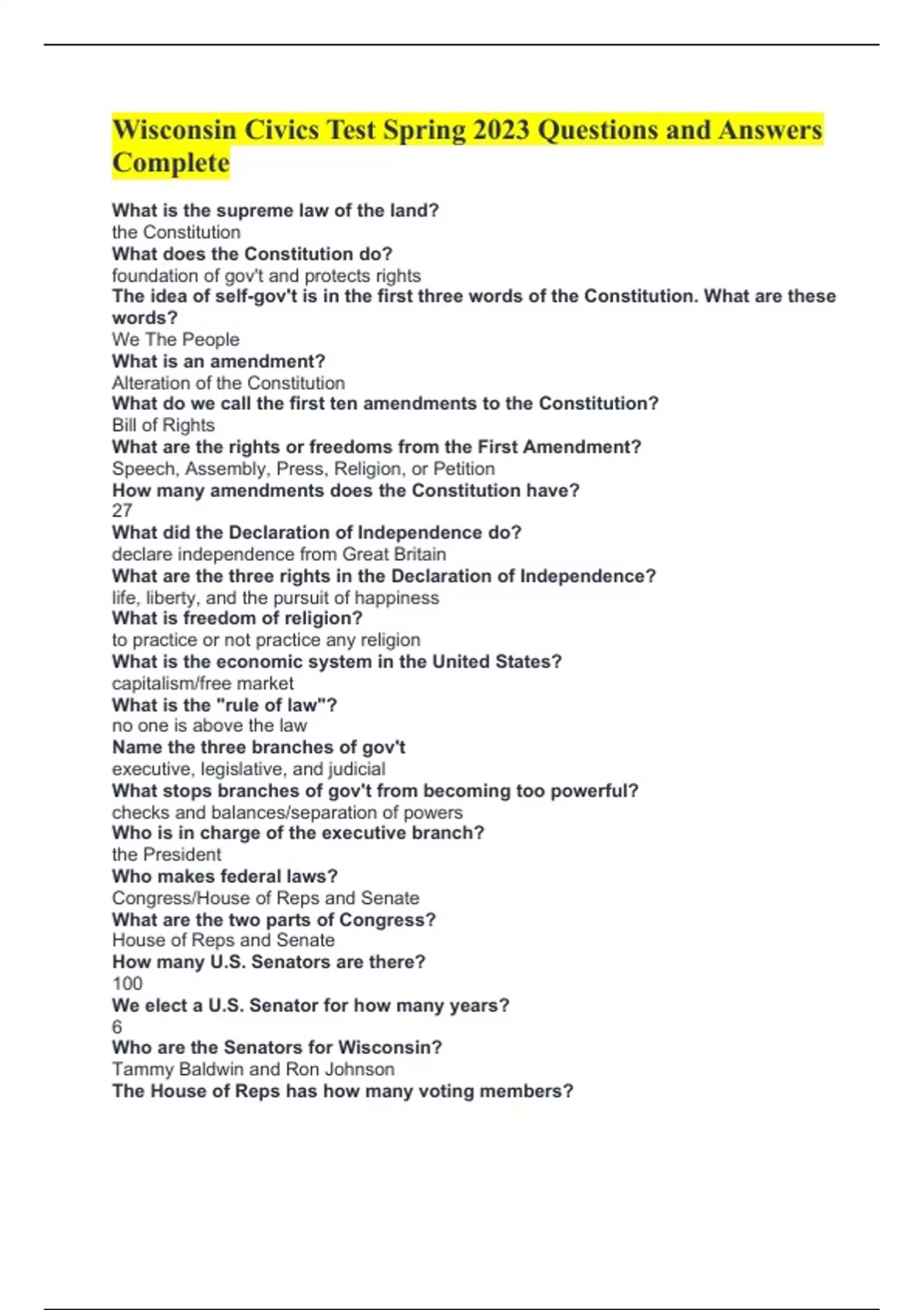 Wisconsin Civics Test Spring 2023 Questions and Answers Complete ...