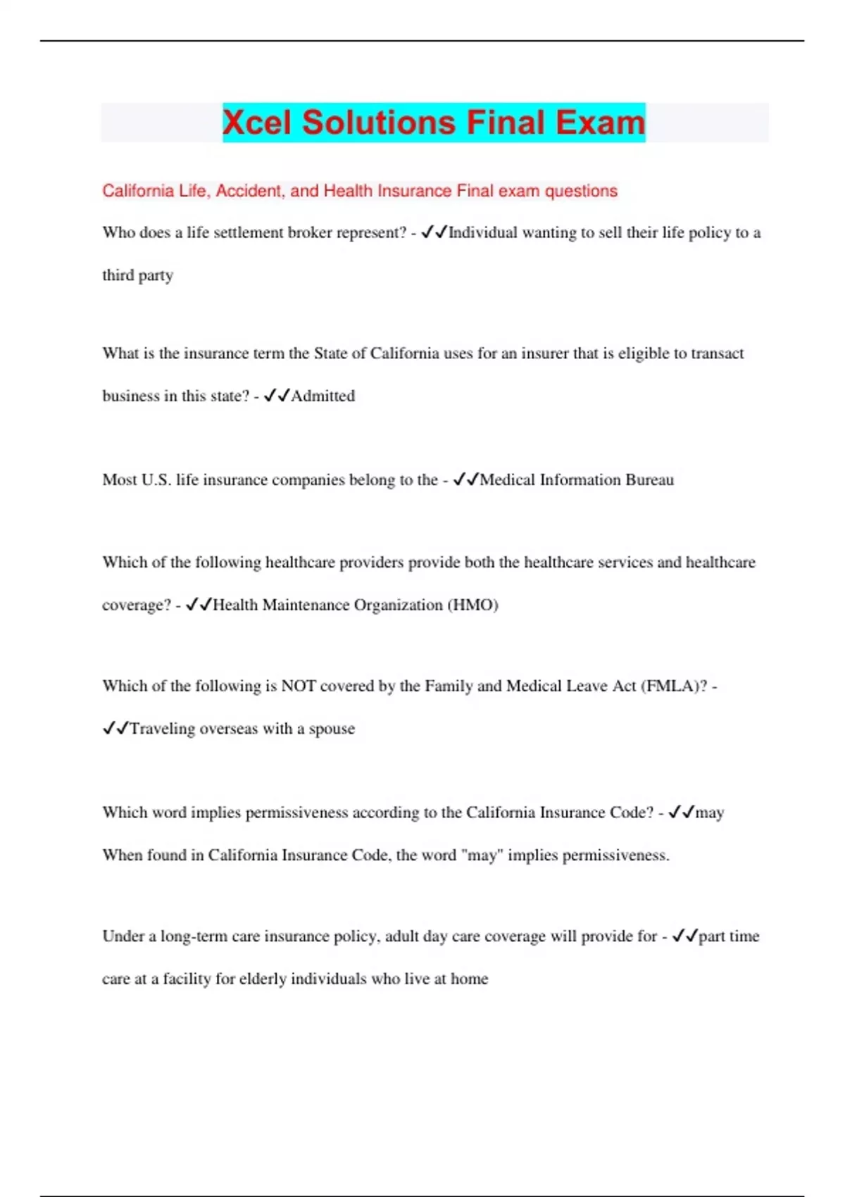 Xcel Solutions Final Exam | 150 Questions with 100% Correct Answers | Verified | 21 Pages - Xcel ...