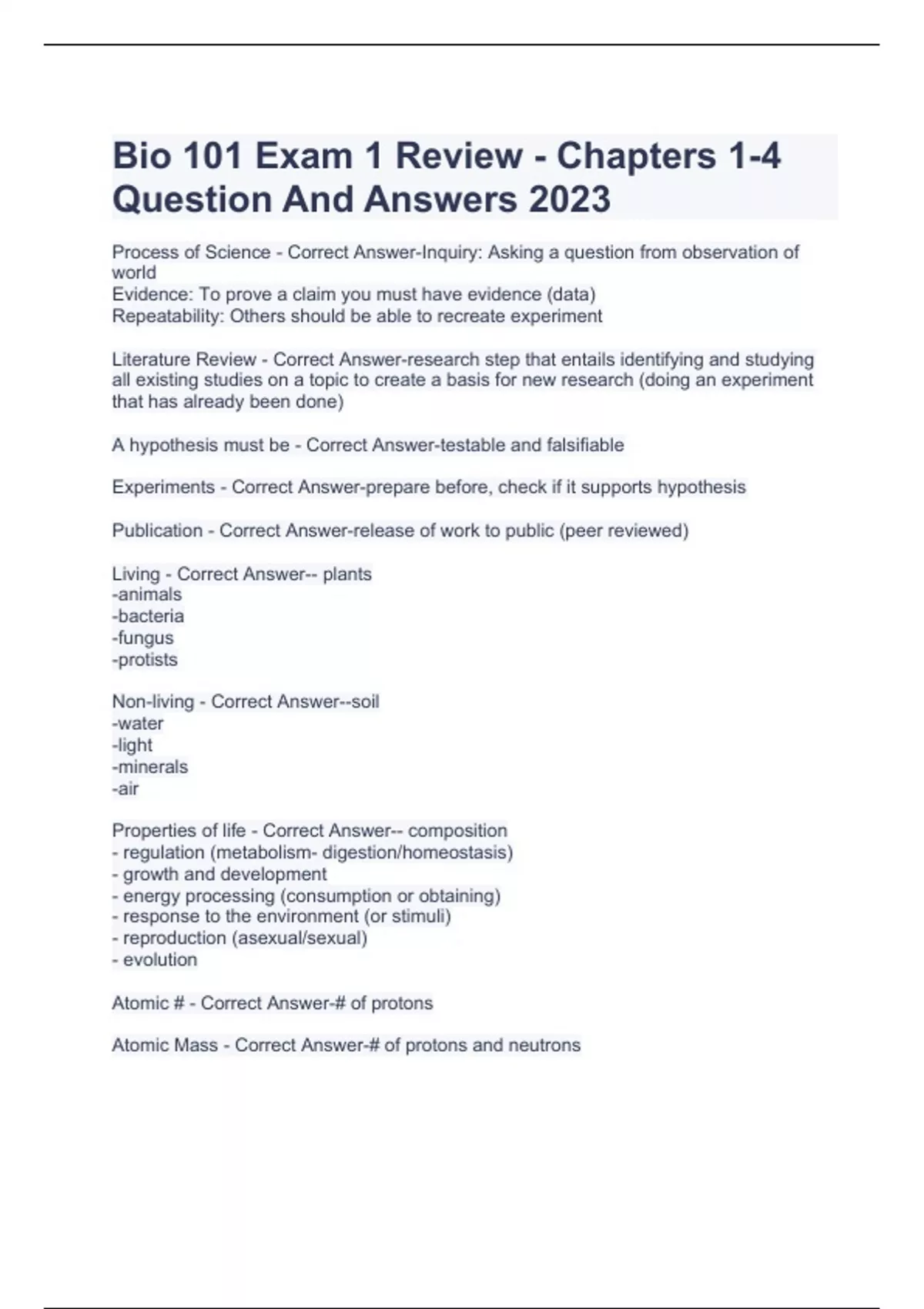 Bio 101 Exam 1 Review - Chapters 1-4 Question And Answers 2023 - Bio 101 - Stuvia US