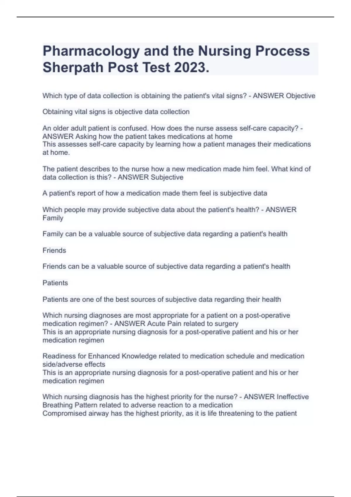 Pharmacology and the Nursing Process Sherpath Post Test 2023. - NURS ...