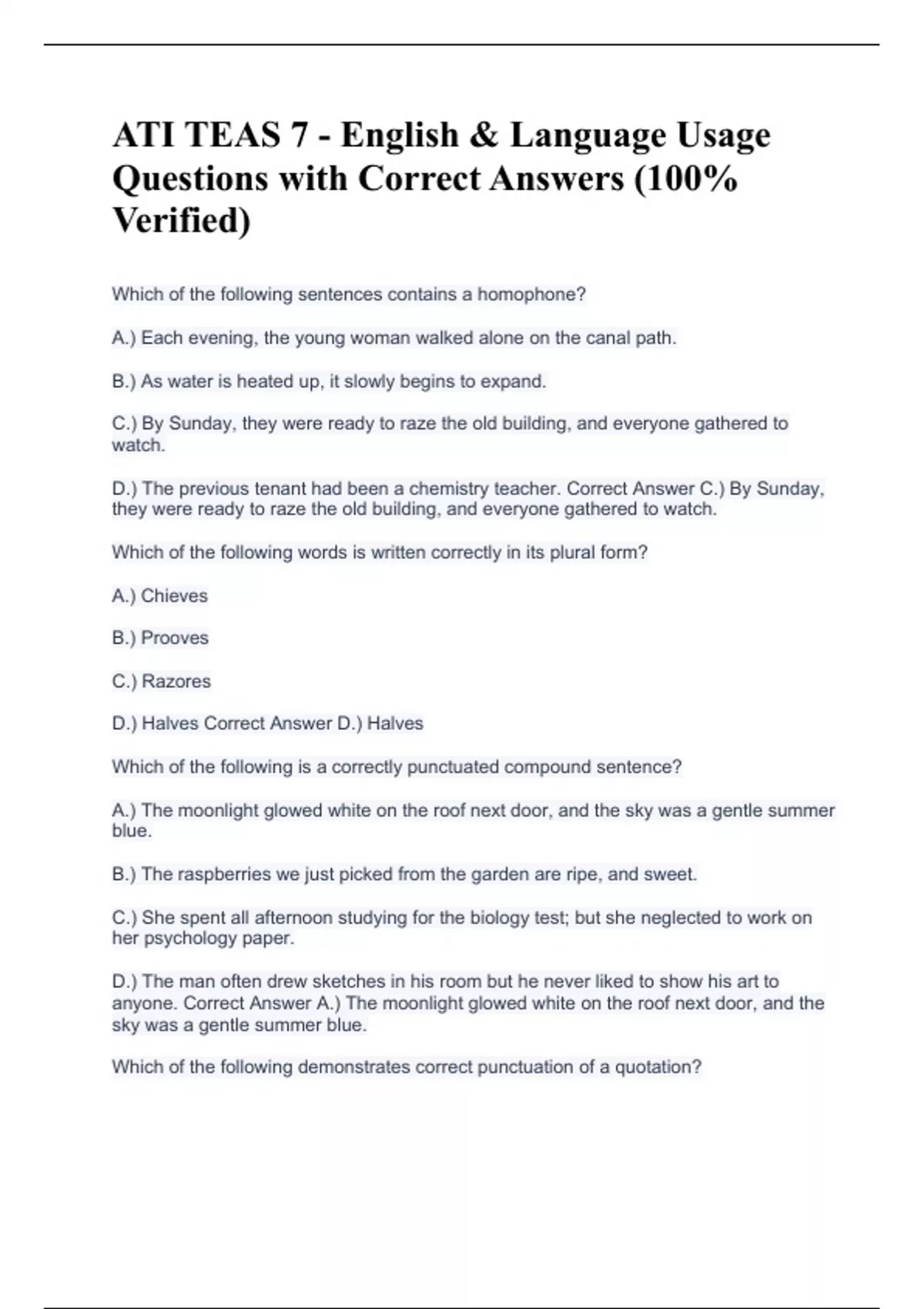 ATI TEAS 7 - English & Language Usage Questions with Correct Answers ...