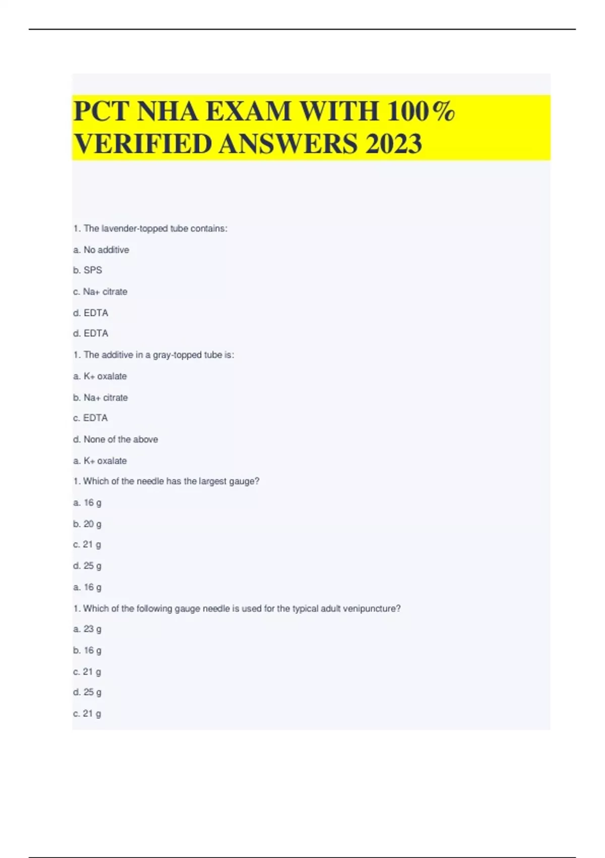 PCT NHA EXAM WITH 100% VERIFIED ANSWERS 2023 - PCT NHA - Stuvia US
