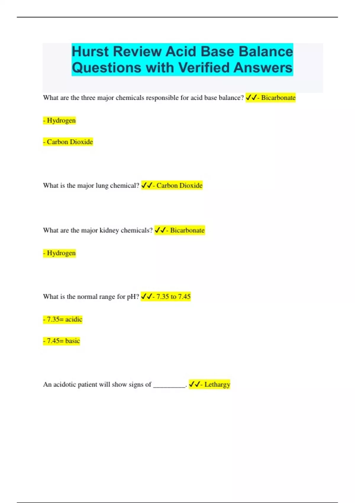 Hurst Review Acid Base Balance Questions with Verified Answers - Hurst ...
