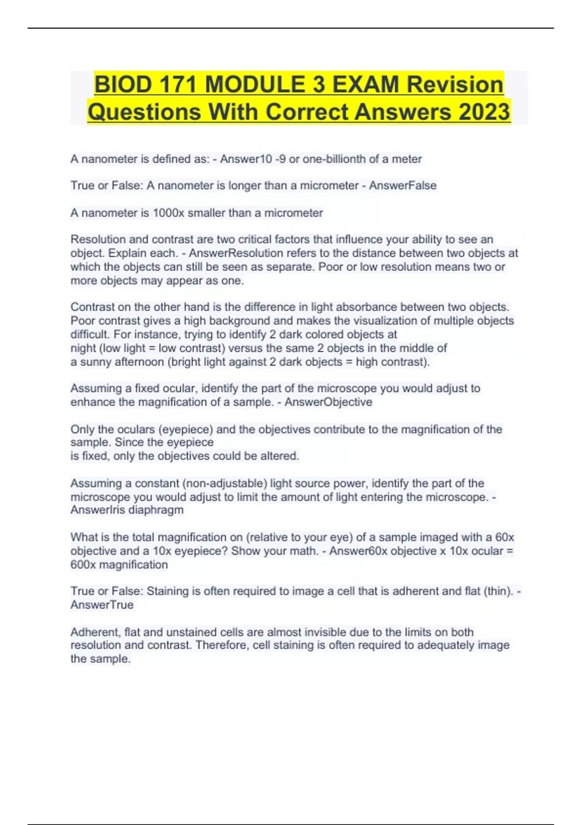 BIOD 171 MODULE 3 EXAM Revision Questions With Correct Answers 2023 - BIOD - Stuvia US