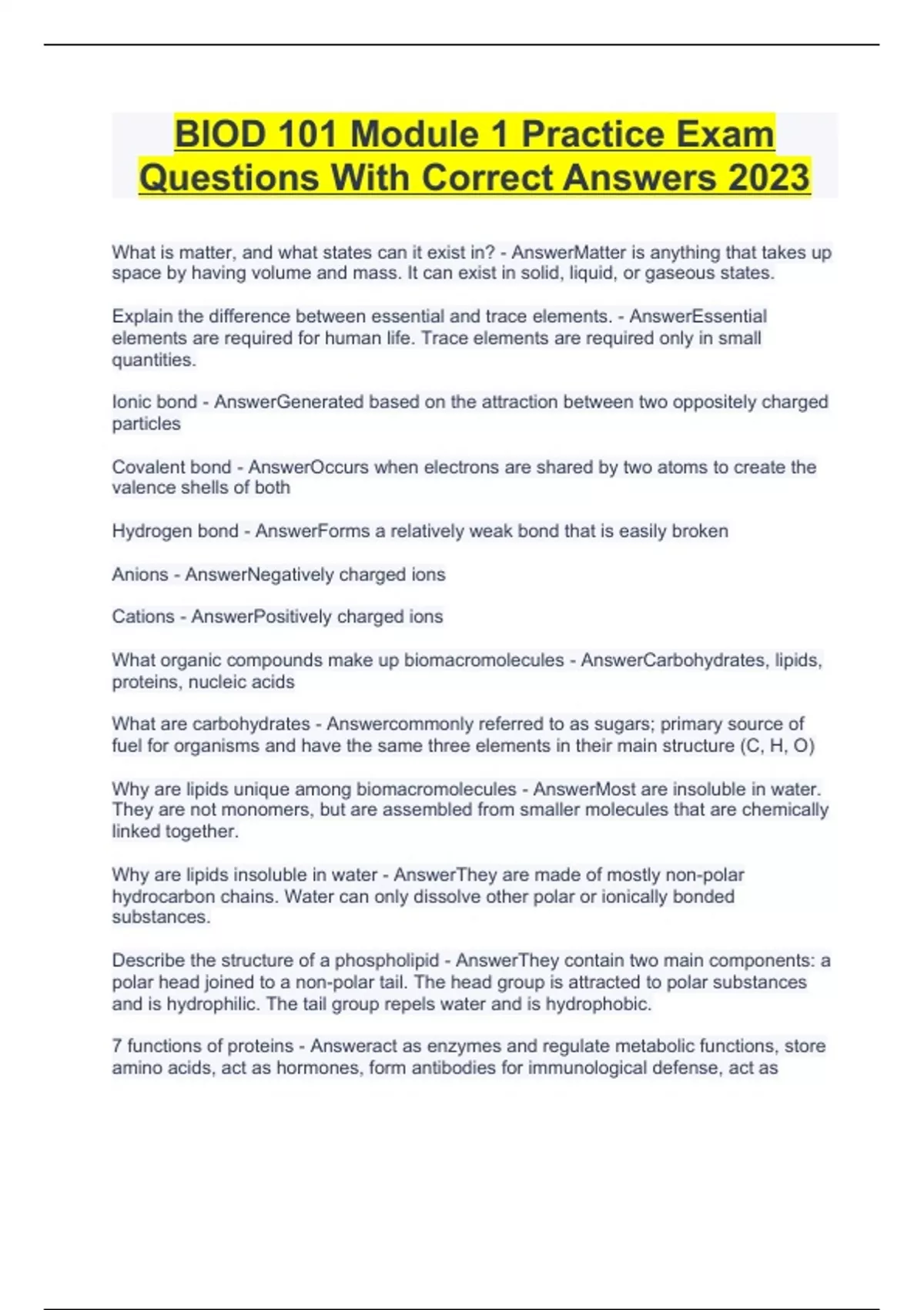 BIOD 101 Module 1 Practice Exam Questions With Correct Answers 2023 - BIOD - Stuvia US