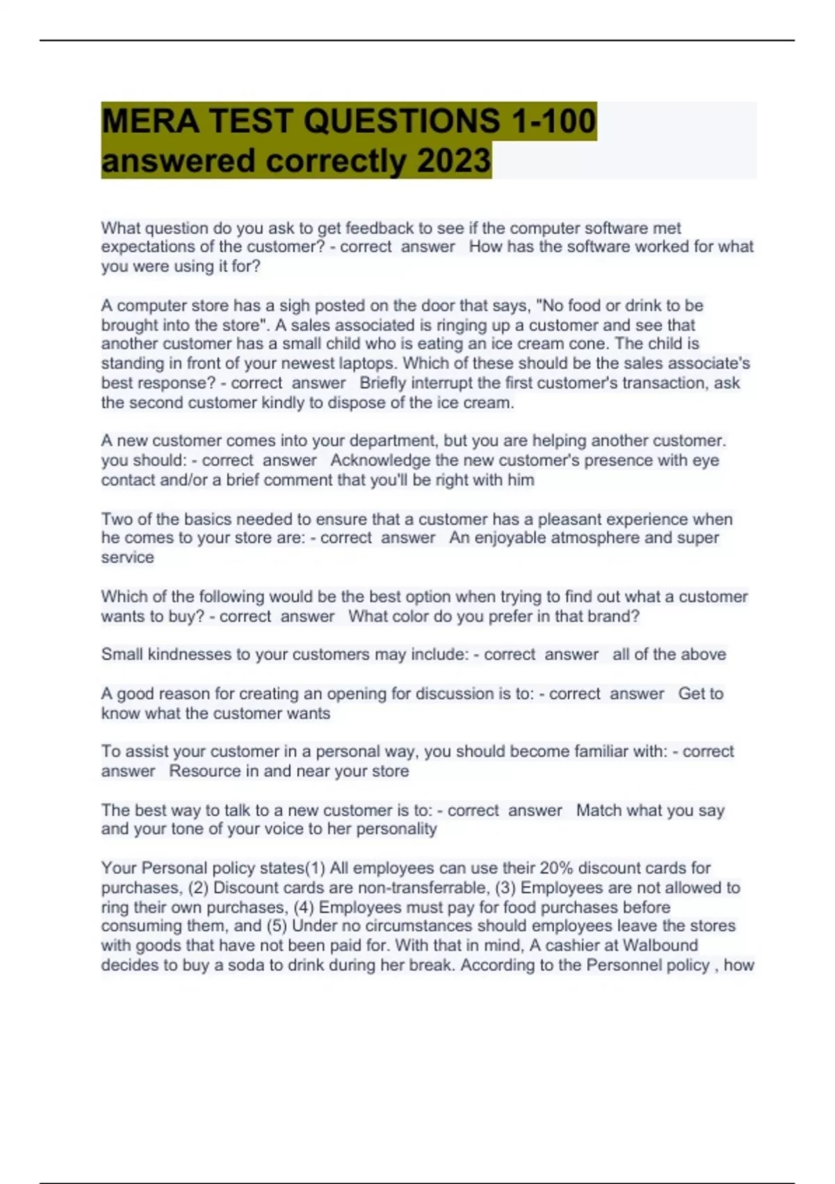 MERA TEST QUESTIONS 1-100 answered correctly 2023 - MERA - Stuvia US