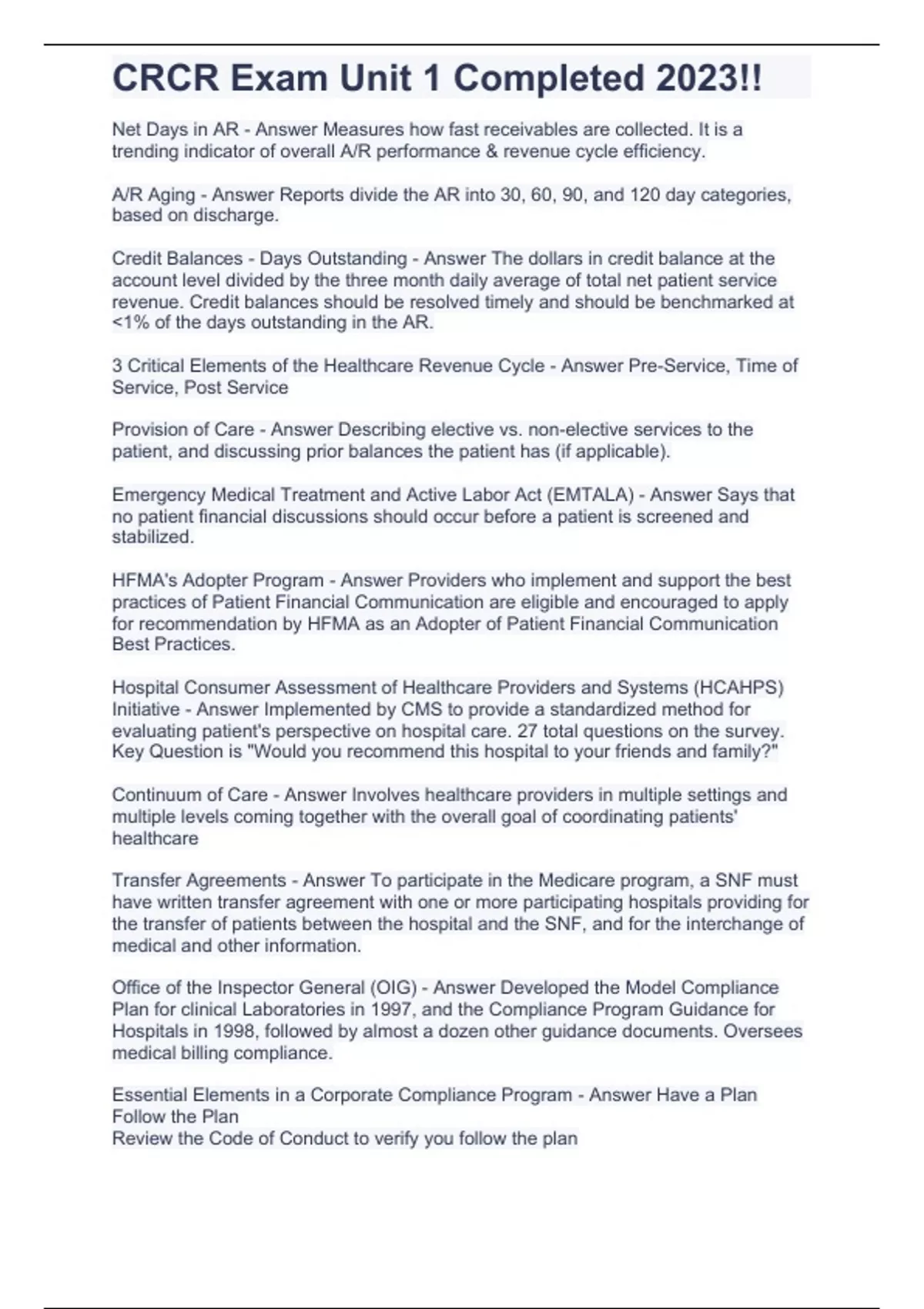 CRCR Exam Unit 1 Completed 2023!! - CRCR - Stuvia US