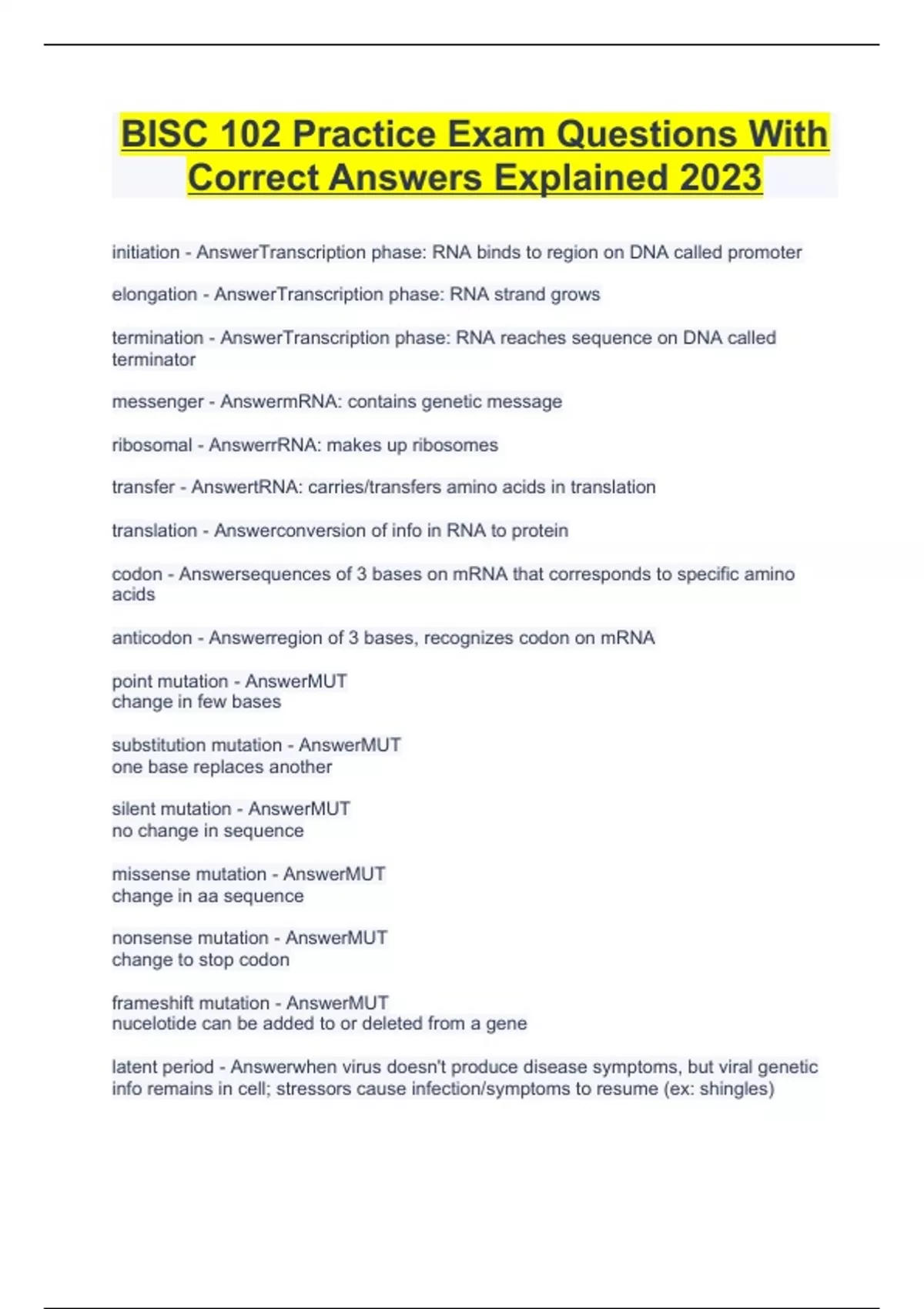 BISC 102 Practice Exam Questions With Correct Answers Explained 2023 - BISC 102 - Stuvia US