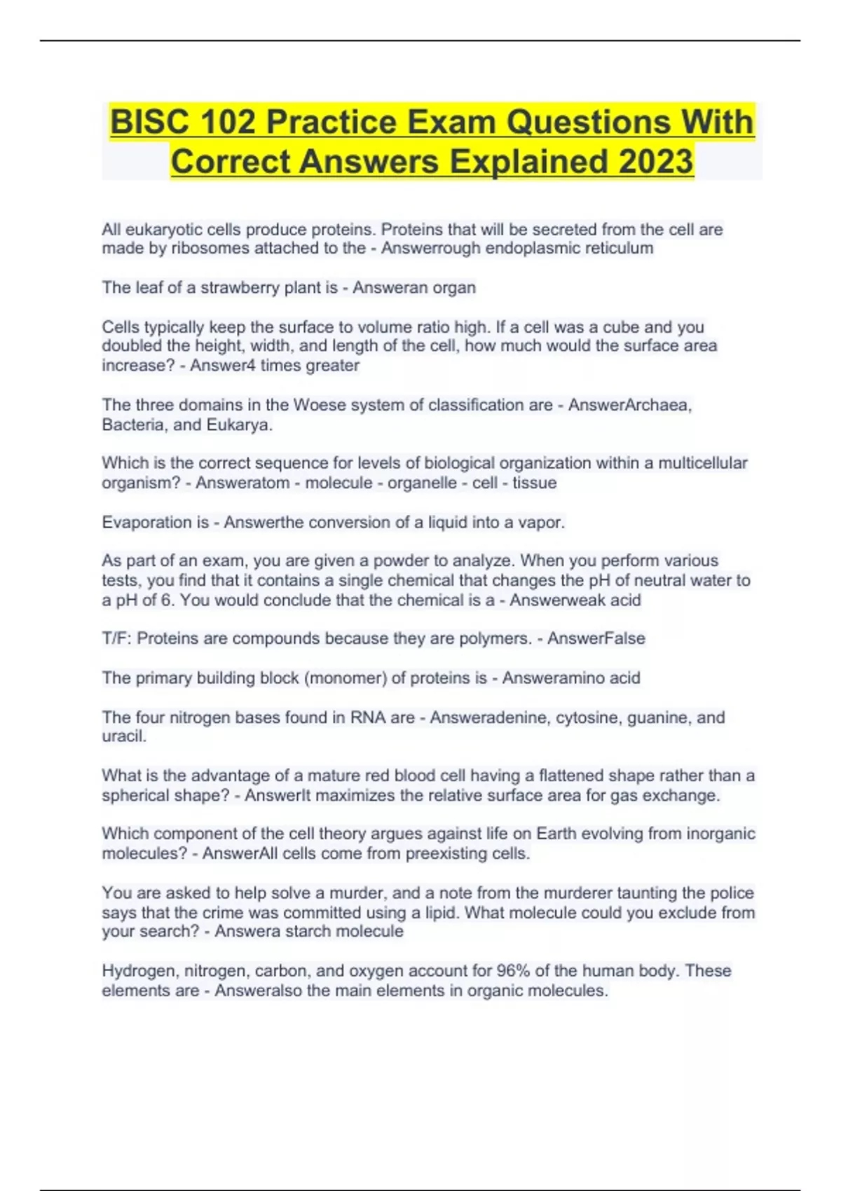 BISC 102 Practice Exam Questions With Correct Answers Explained 2023 ...