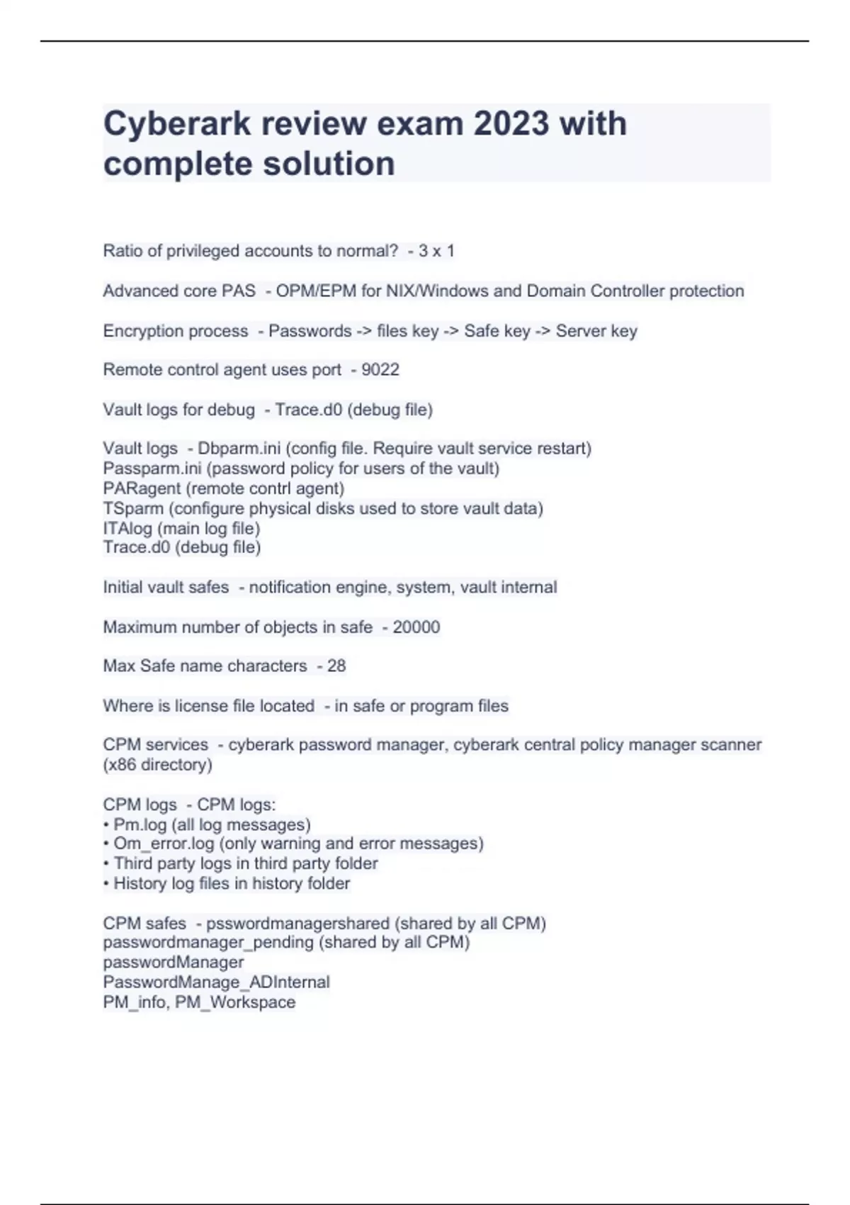 Cyberark review exam 2023 with complete solution - Cyberark - Stuvia US