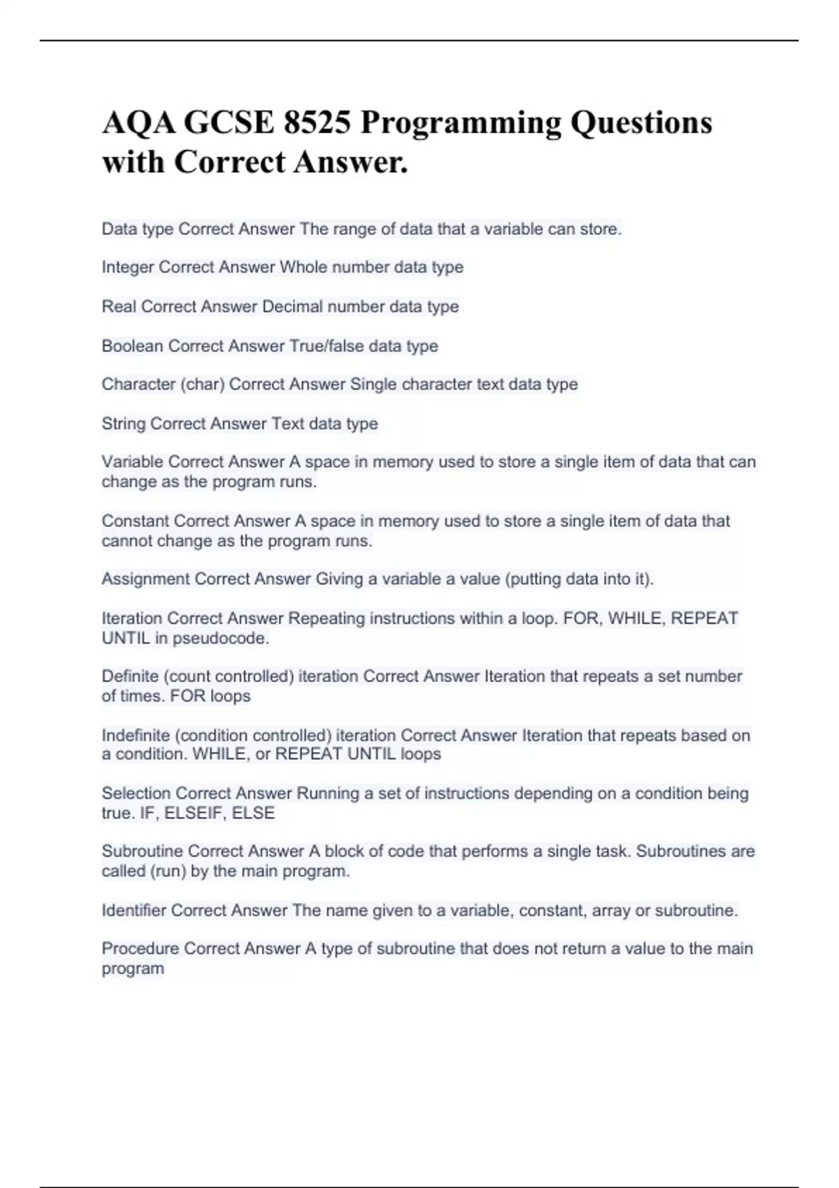 AQA GCSE 8525 Programming Questions with Correct Answer. - AQA GCSE 8525 Programming - Stuvia US