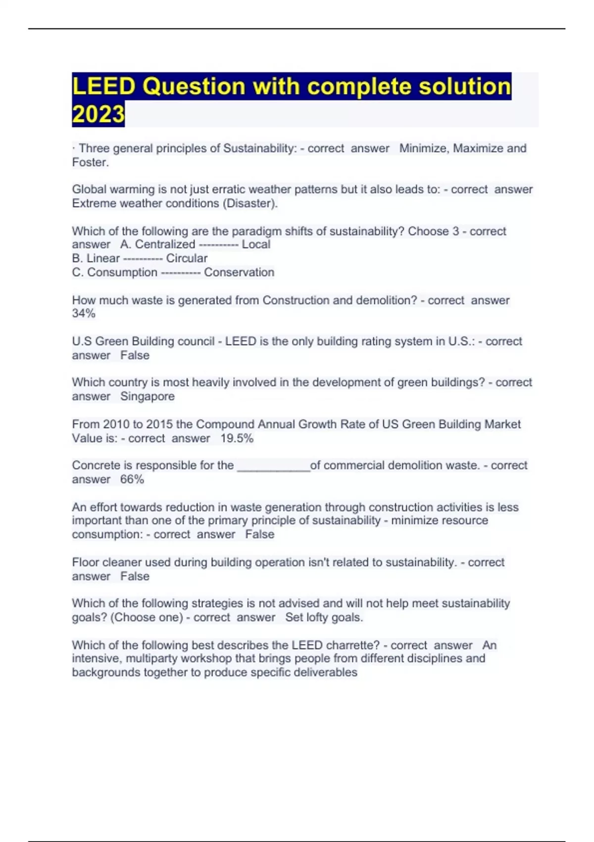 LEED Question with complete solution 2023 - LEED - Stuvia US