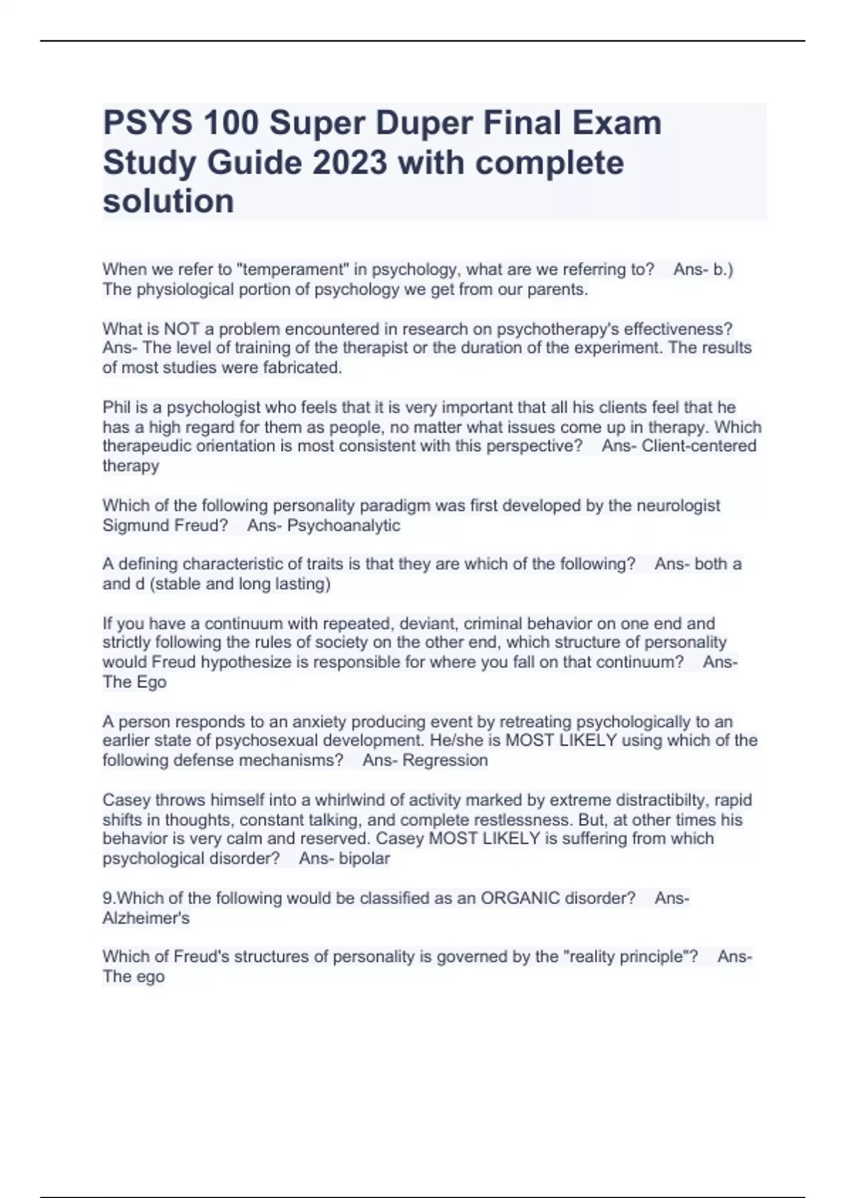 PSYS 100 Super Duper Final Exam Study Guide 2023 with complete solution - PSYS 100 - Stuvia US