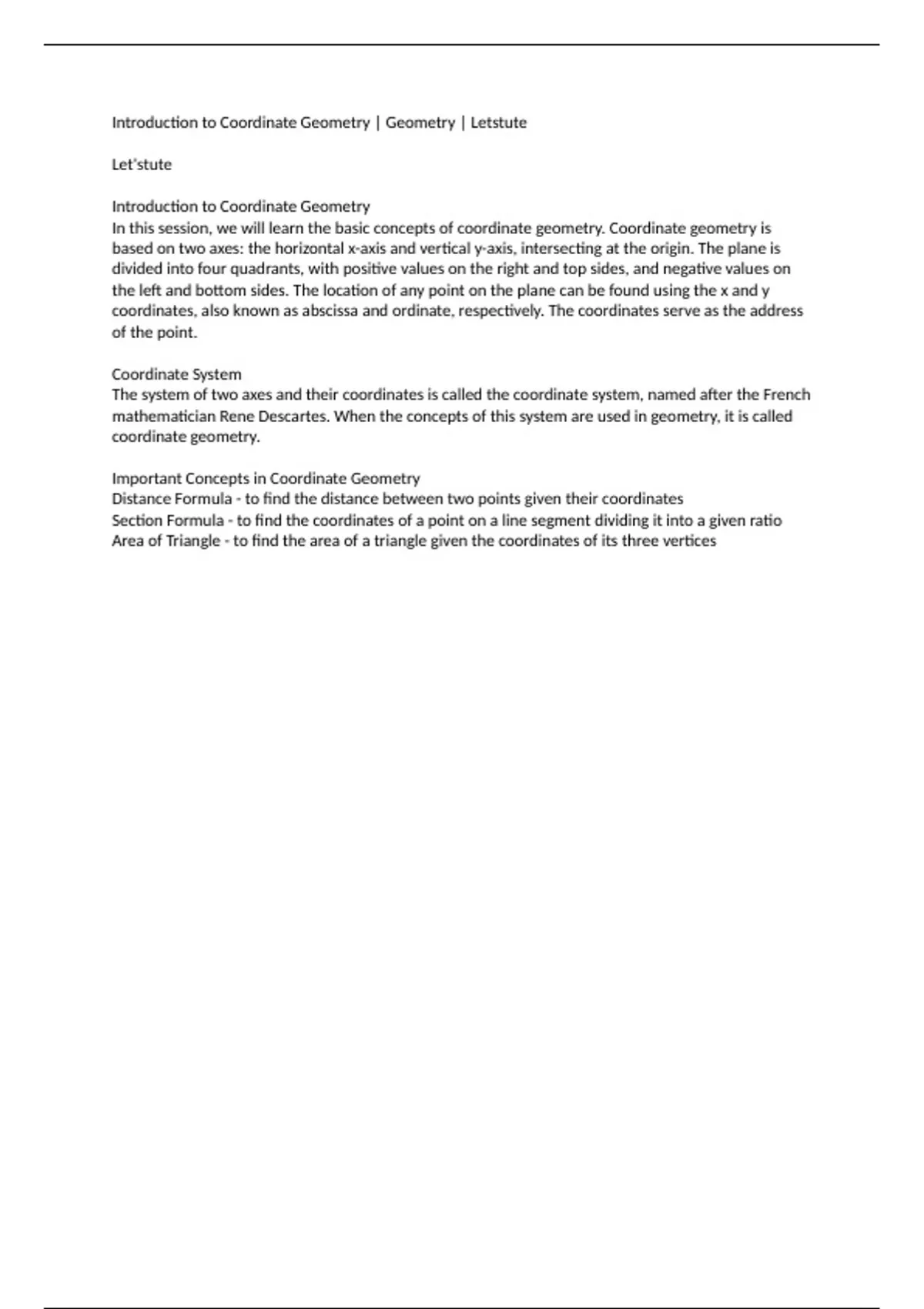 Summary Introduction to coordinate geometry - Mathematics - Stuvia US